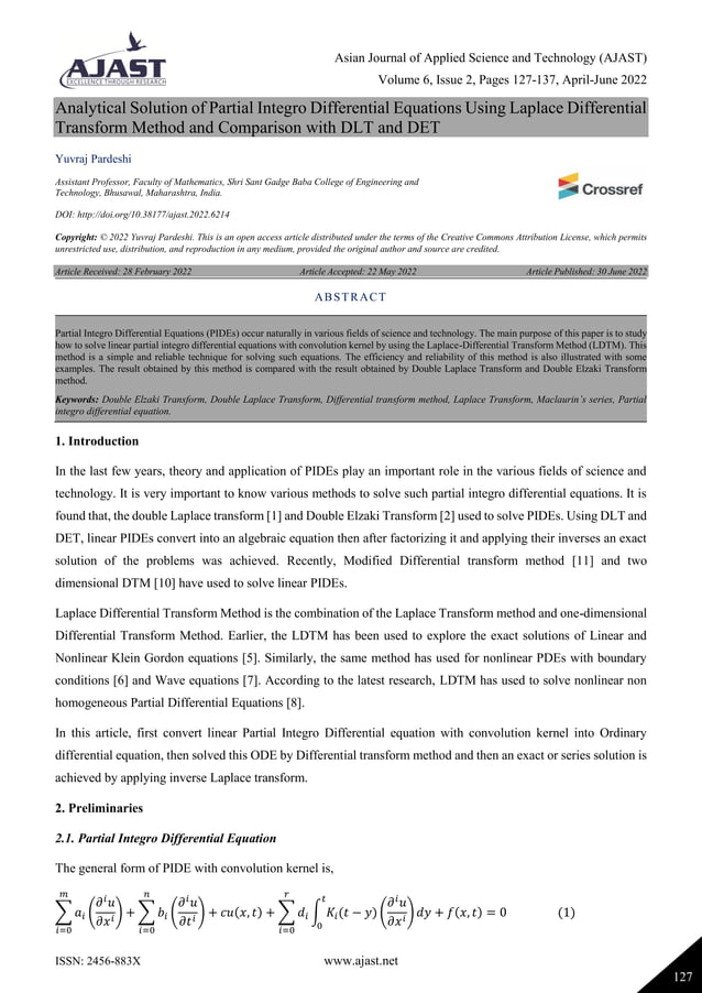 Analytical Solution of Partial Integro Differential Equations Using Laplace Differential ...