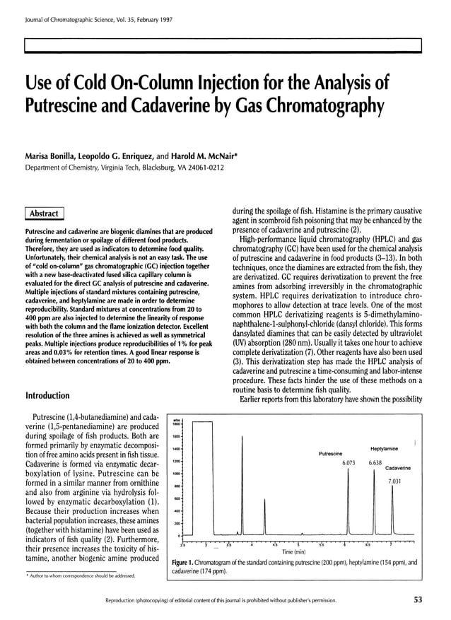 Cold On-Column Injection Amines by GC; Bonilla, Enriquez, McNair, 1997 ...
