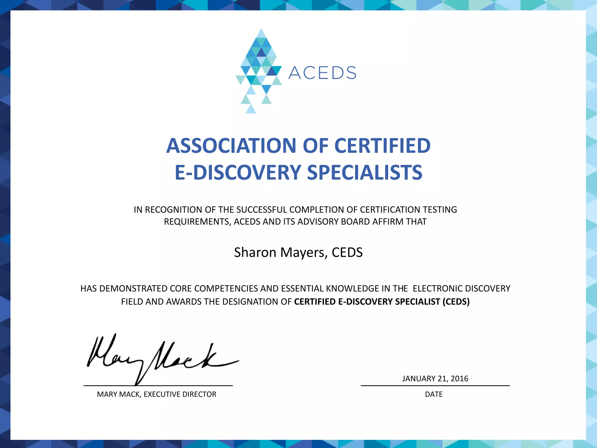 CEDS Certificate for Sharon Mayers | PDF