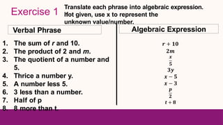 Translation of Verbal Phrase to Mathematical Expressions | PPTX