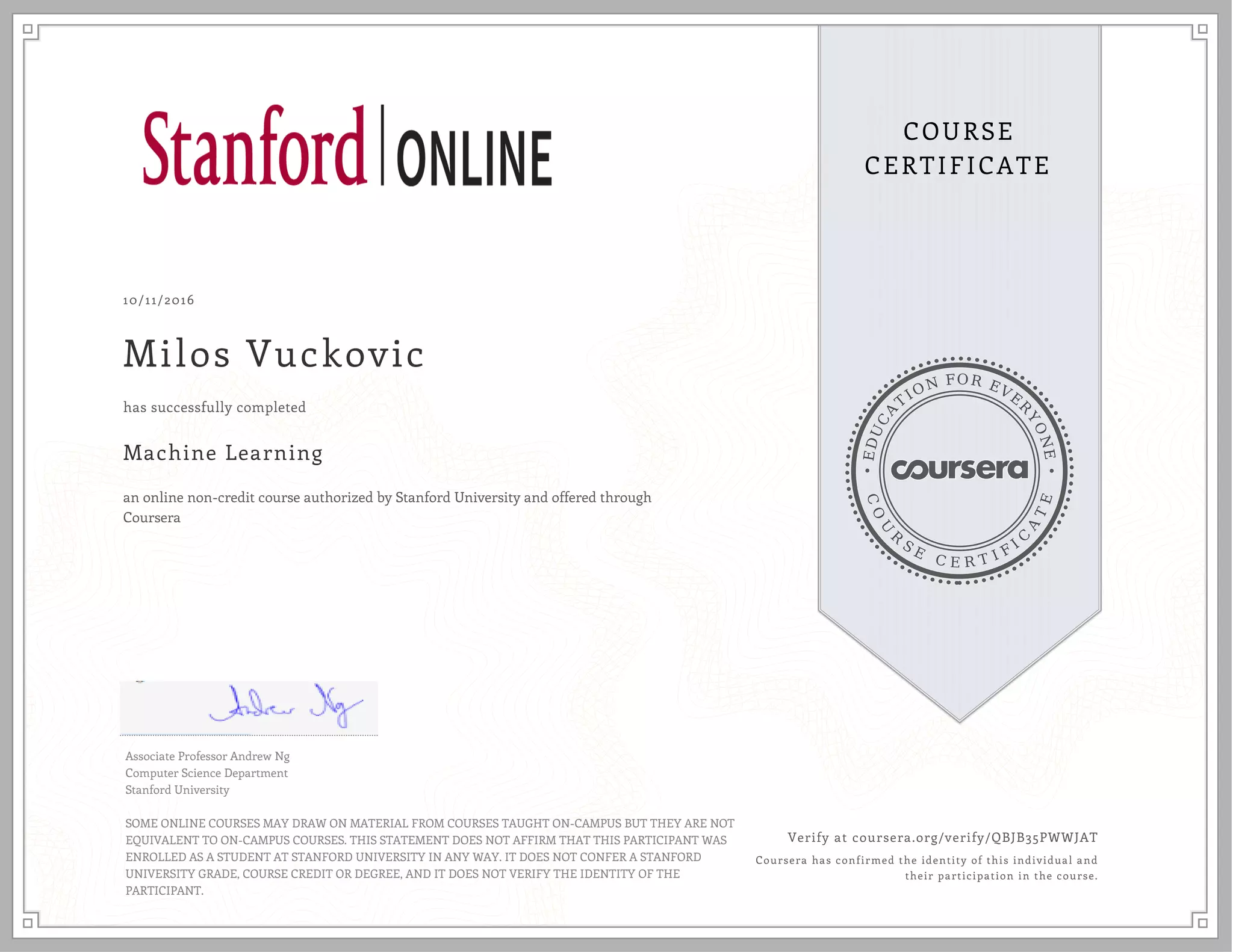 Coursera Machine Learning Milos Vuckovic QBJB35PWWJAT | PDF