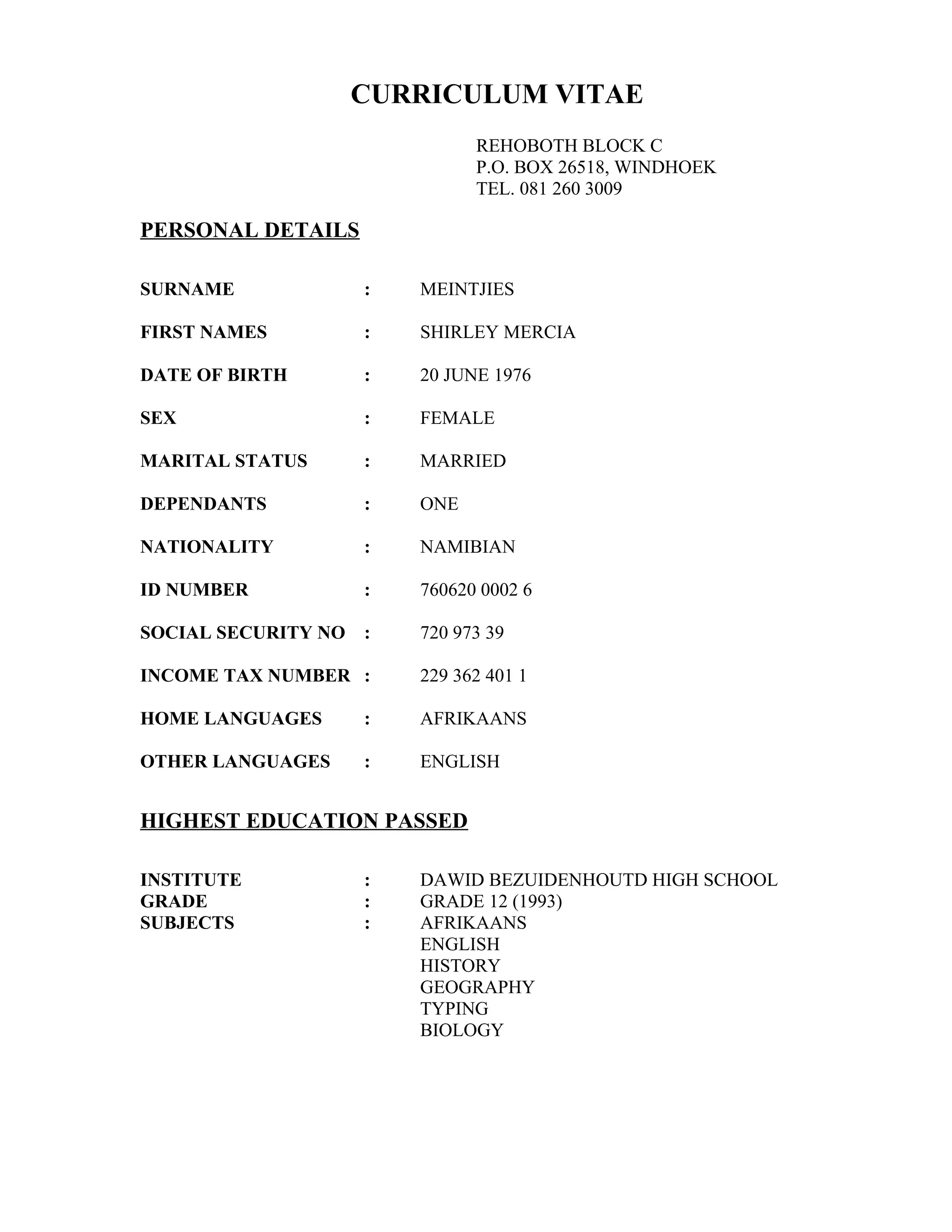 CV S MEINTJIES - JANUARY 2017 | DOC