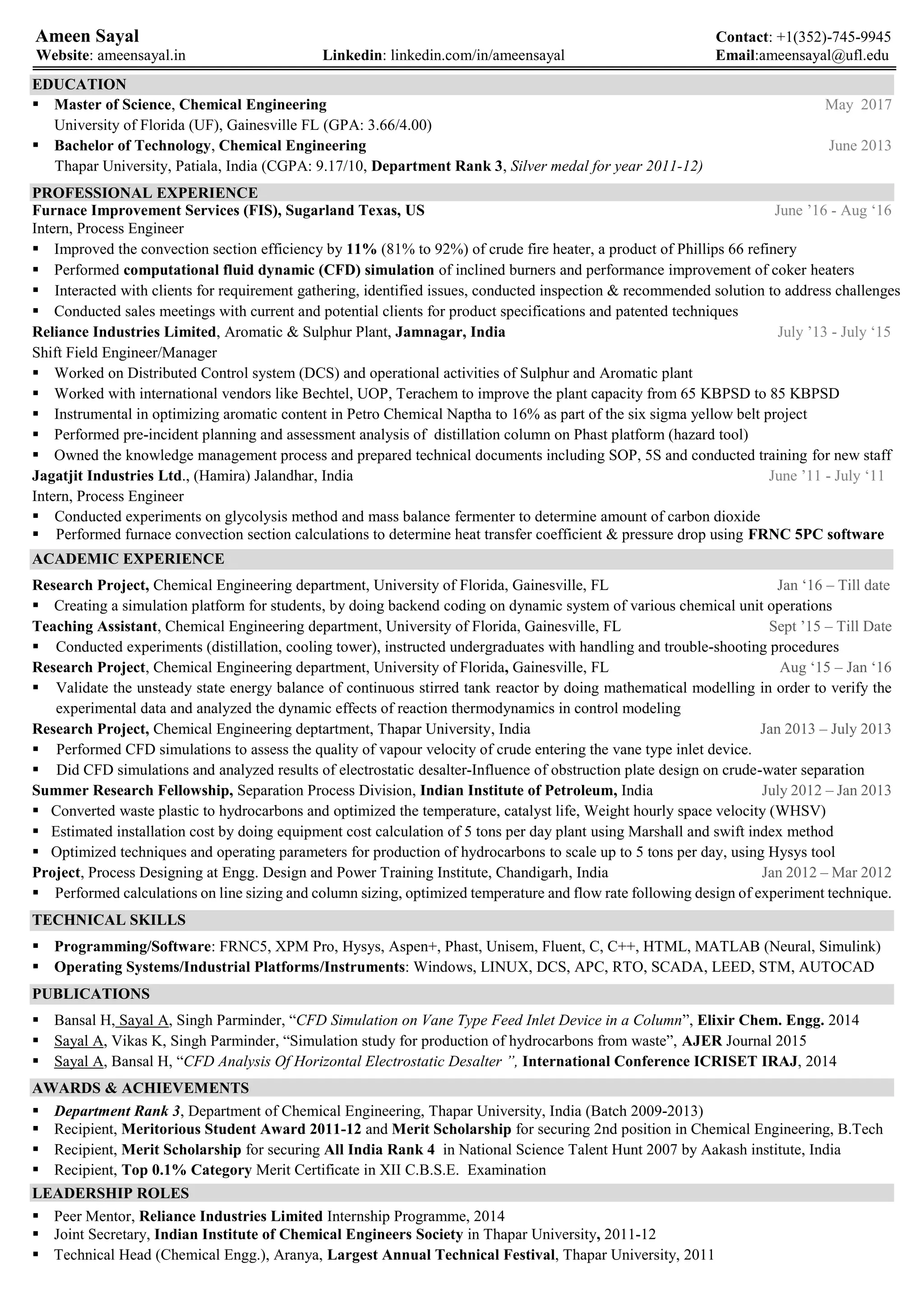 Resume - Ameen Sayal | PDF | Mechanical and Industrial Engineering ...