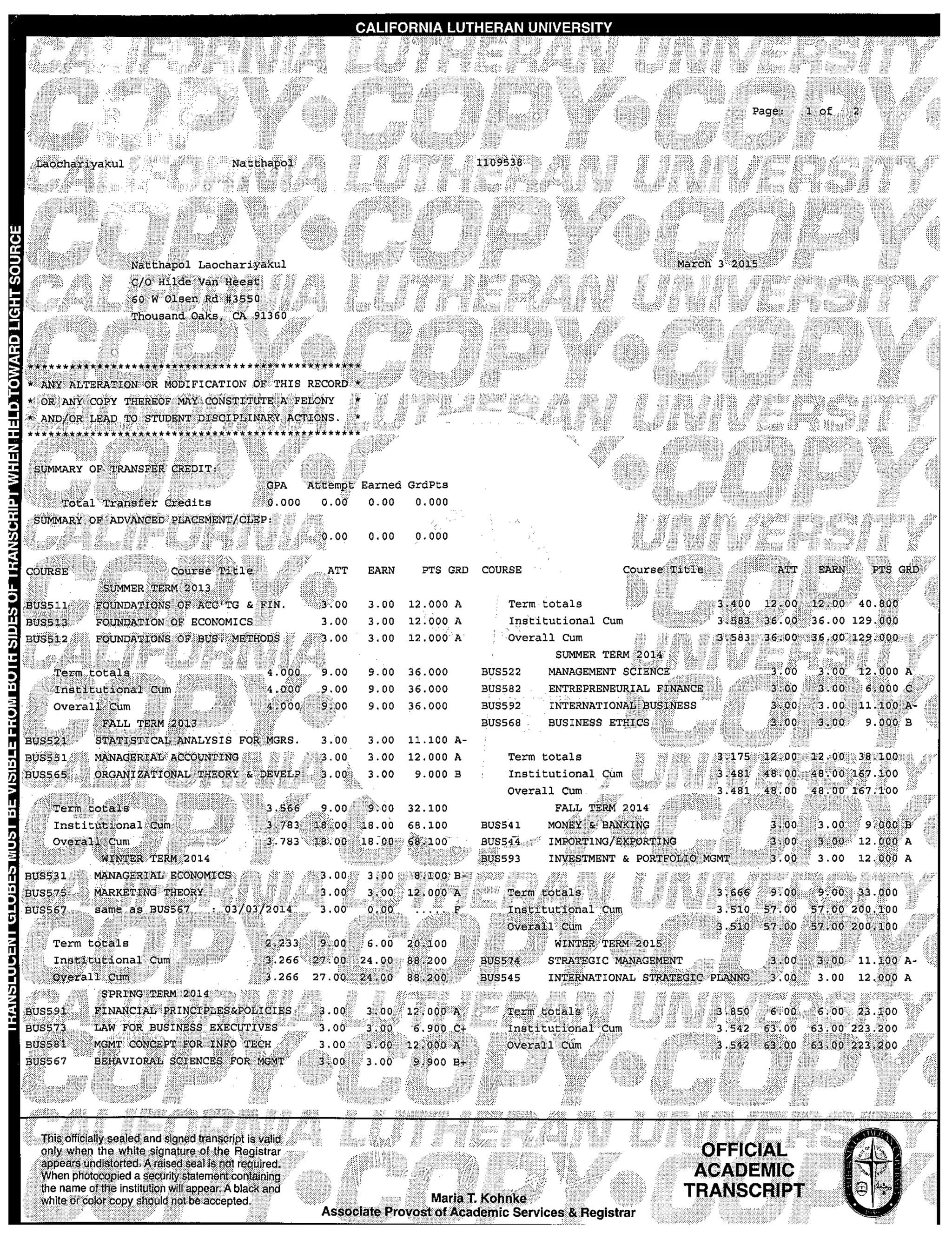 Transcript Master Degree 1 | PDF