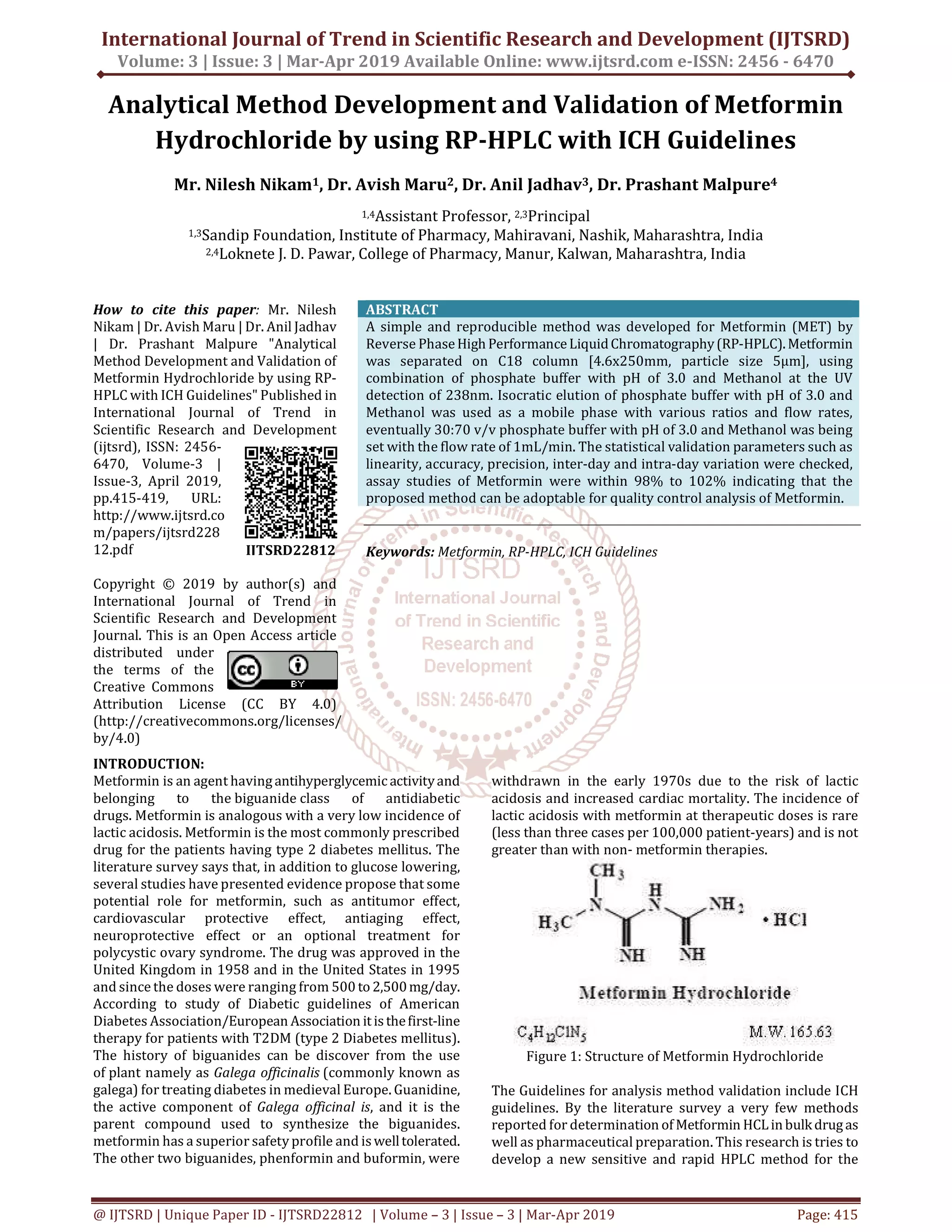 Analytical Method Development And Validation Of Metformin Hydrochloride By Using Rp Hplc With