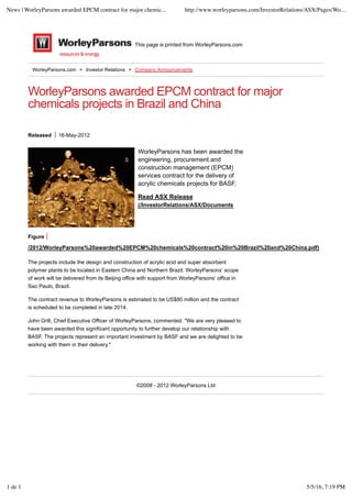 News | WorleyParsons awarded EPCM contract for major chemicals projects ...