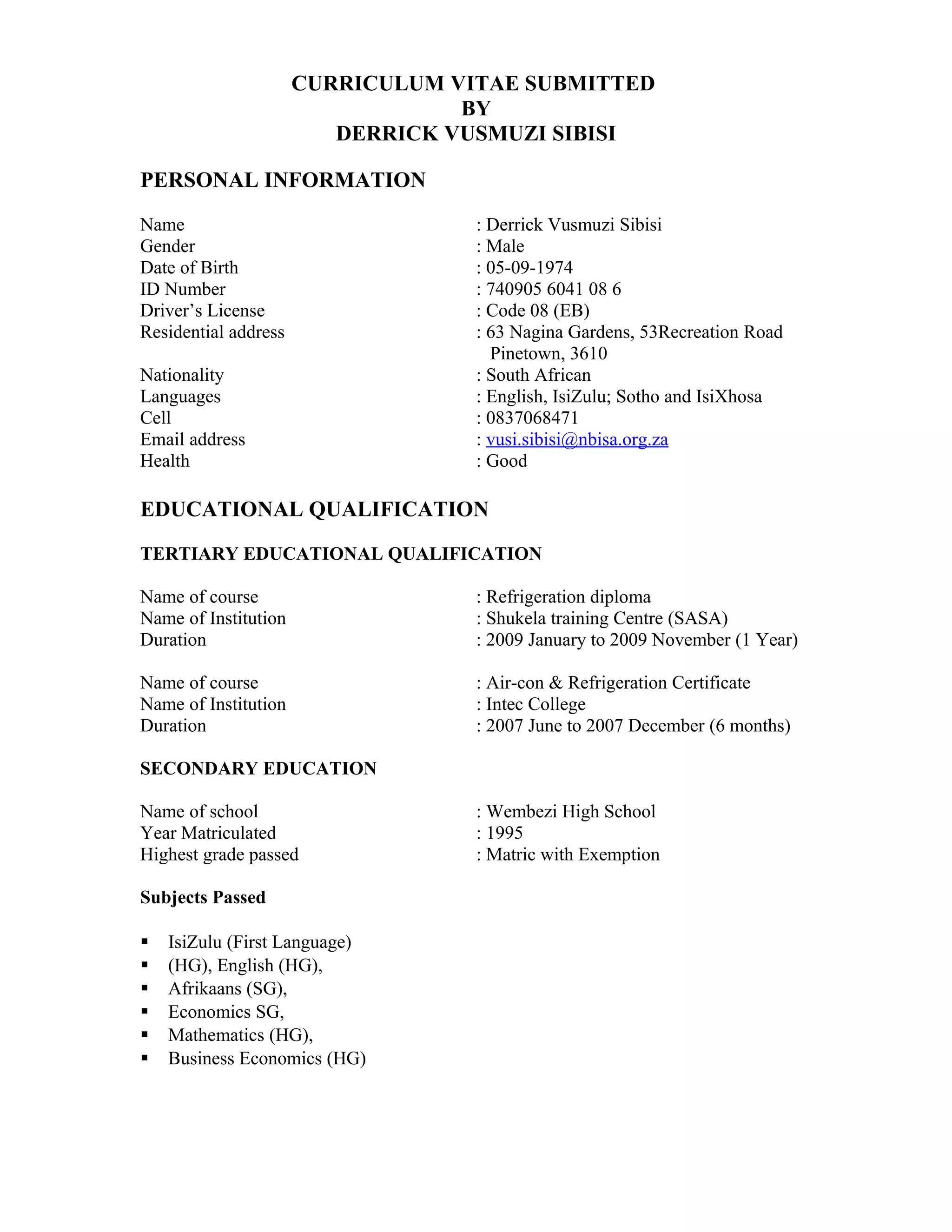 Vusi Sibisi CV 2014 | DOC