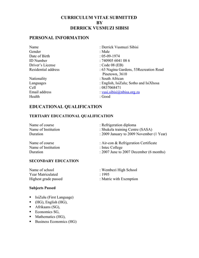 Vusi Sibisi CV 2014 | PDF