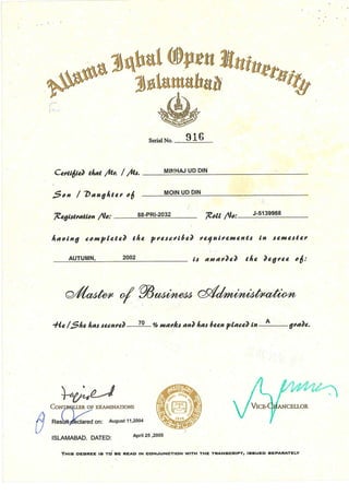 Minhaj MBA AIOU Pakistan Front Page | PDF