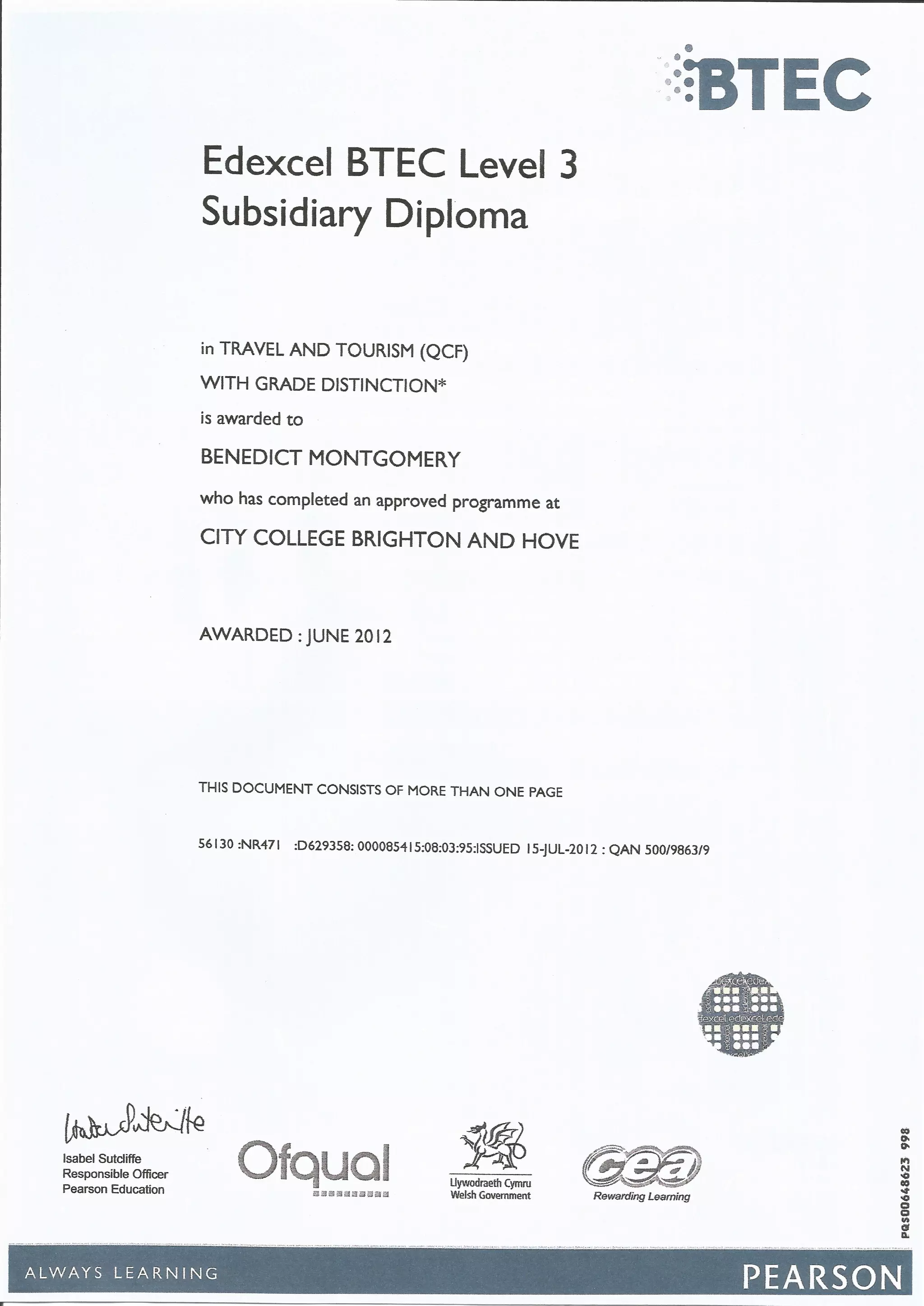 BTEC Subsidiary Diploma Ceritifcate | PDF