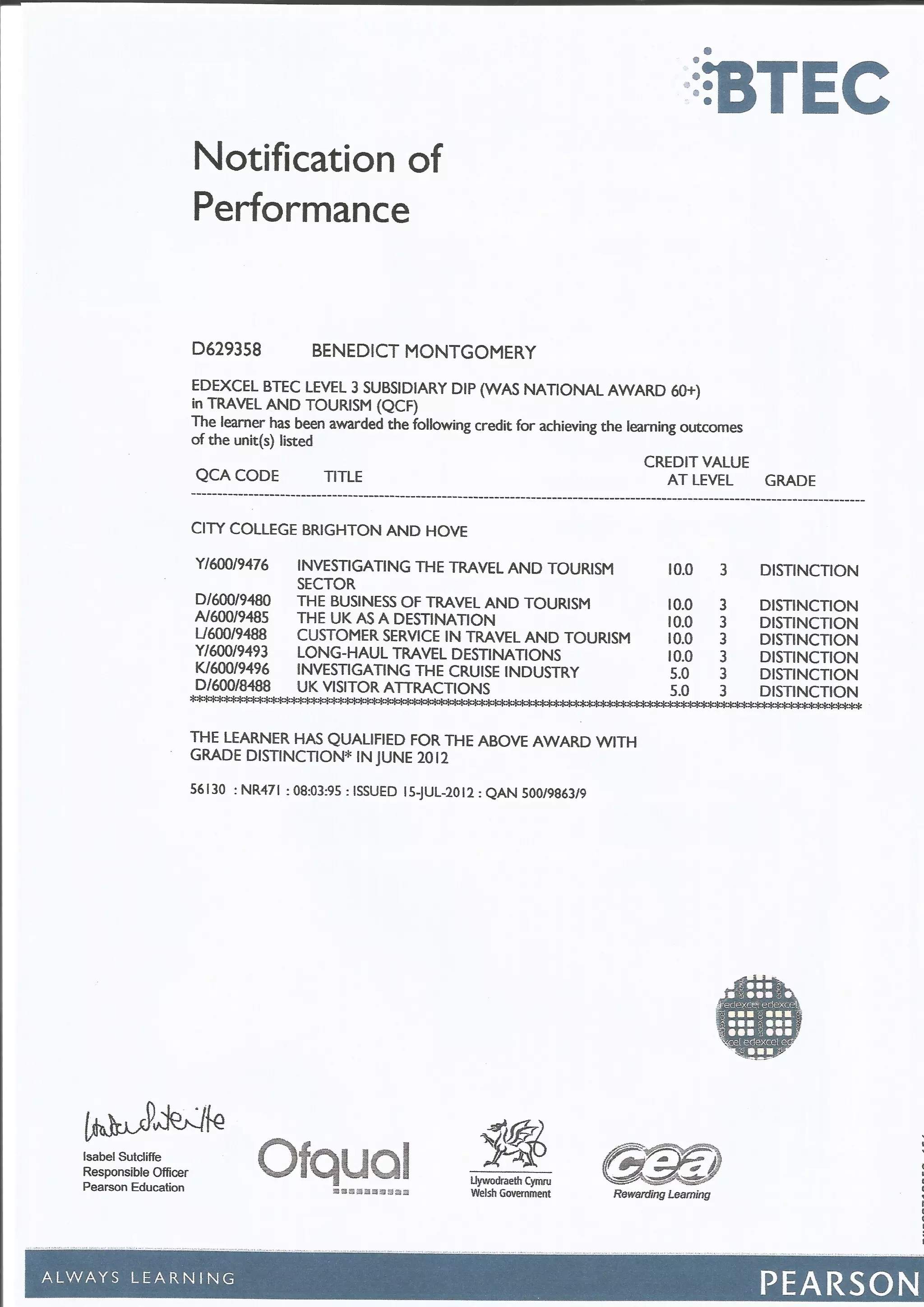 BTEC Subsidiary Diploma Ceritifcate | PDF