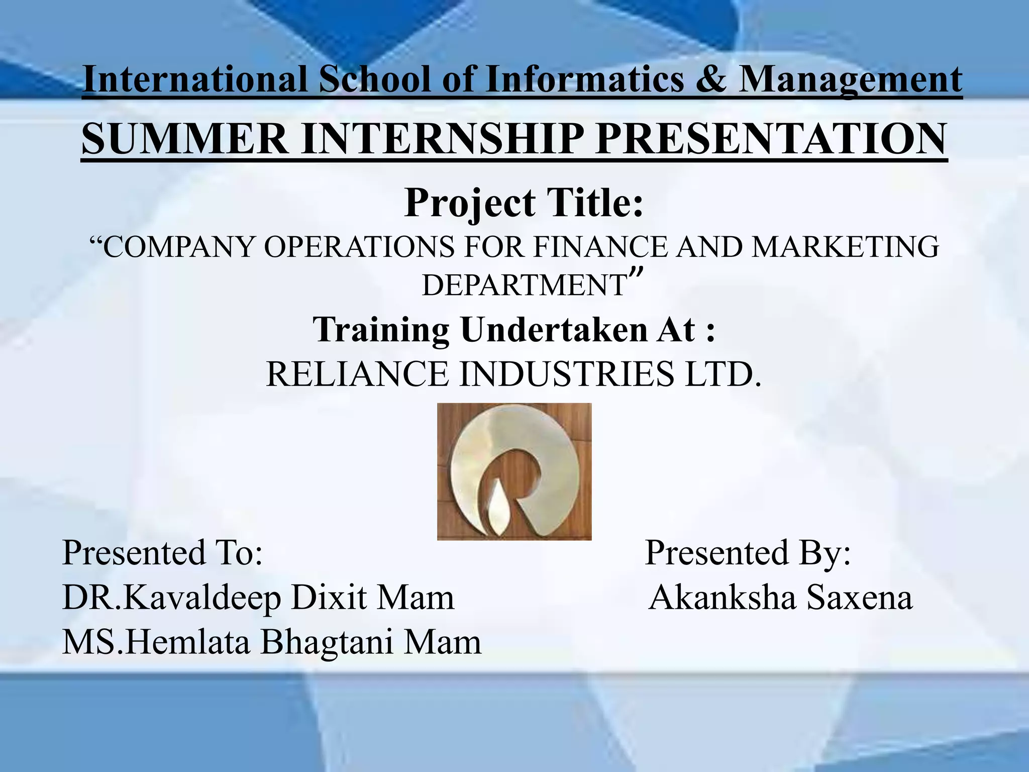 SUMMER INTERNSHIP PPT | PPTX