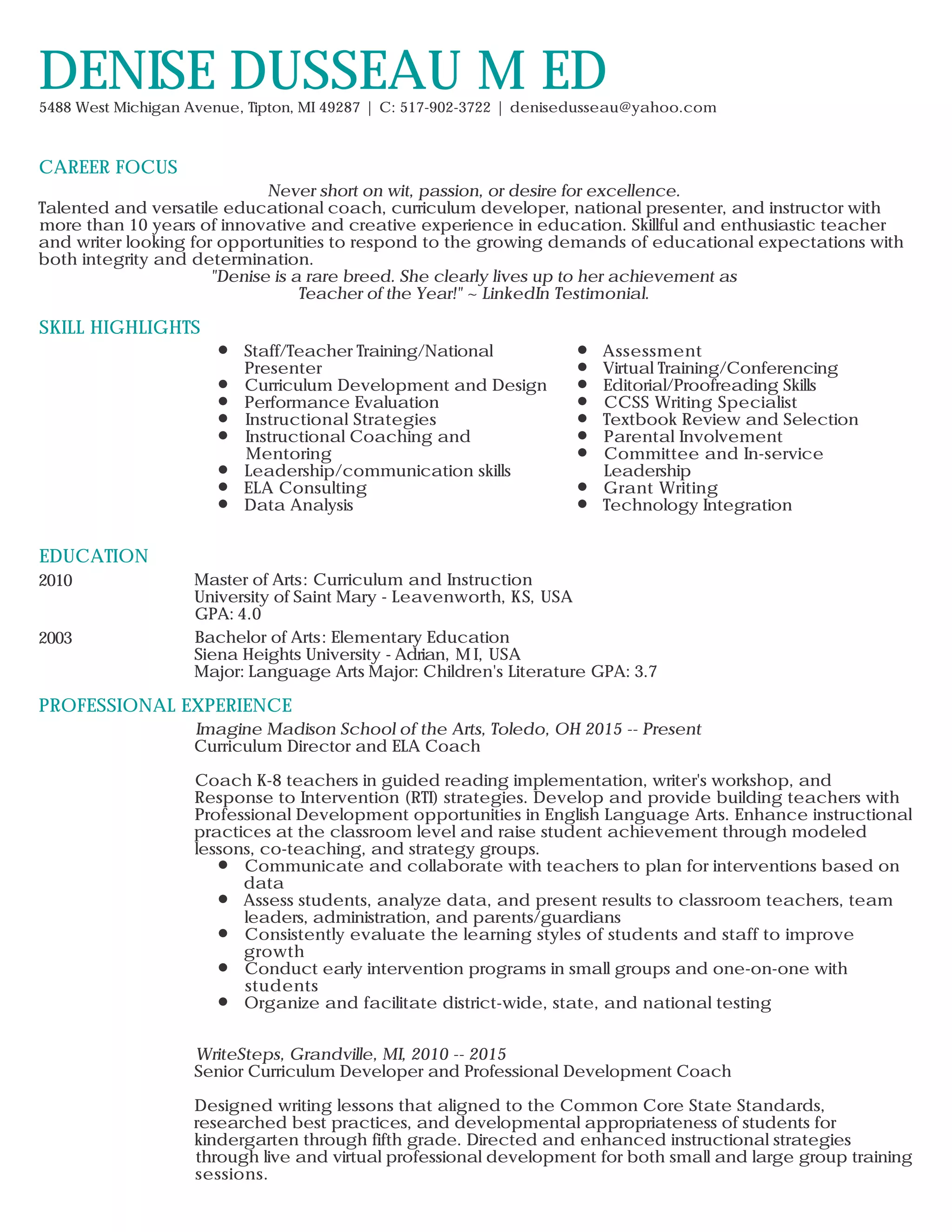 Denise M Dusseau Resume 2015 | PDF