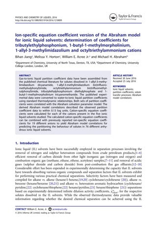Ion specific equation coefficient version of the Abraham model for ionic liquid solvents ...