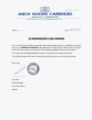 Waseem Parkar - Experience letter AGC with date | PDF