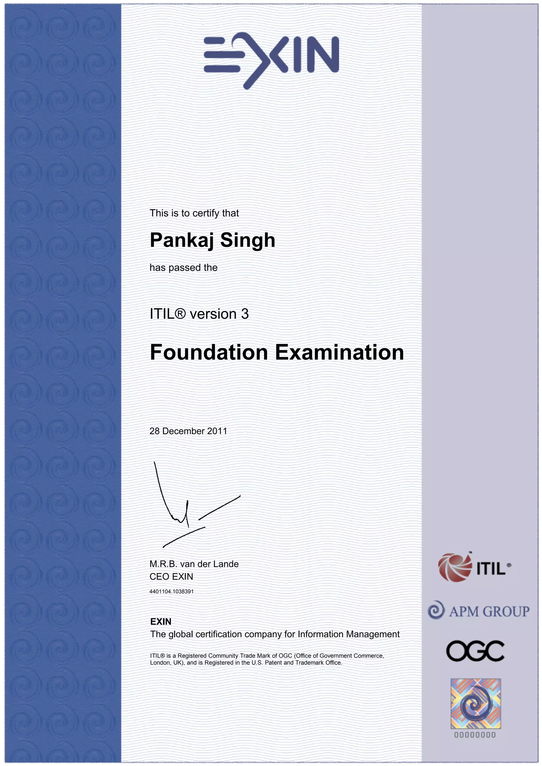 ITIL Version 3 Certificate | PDF