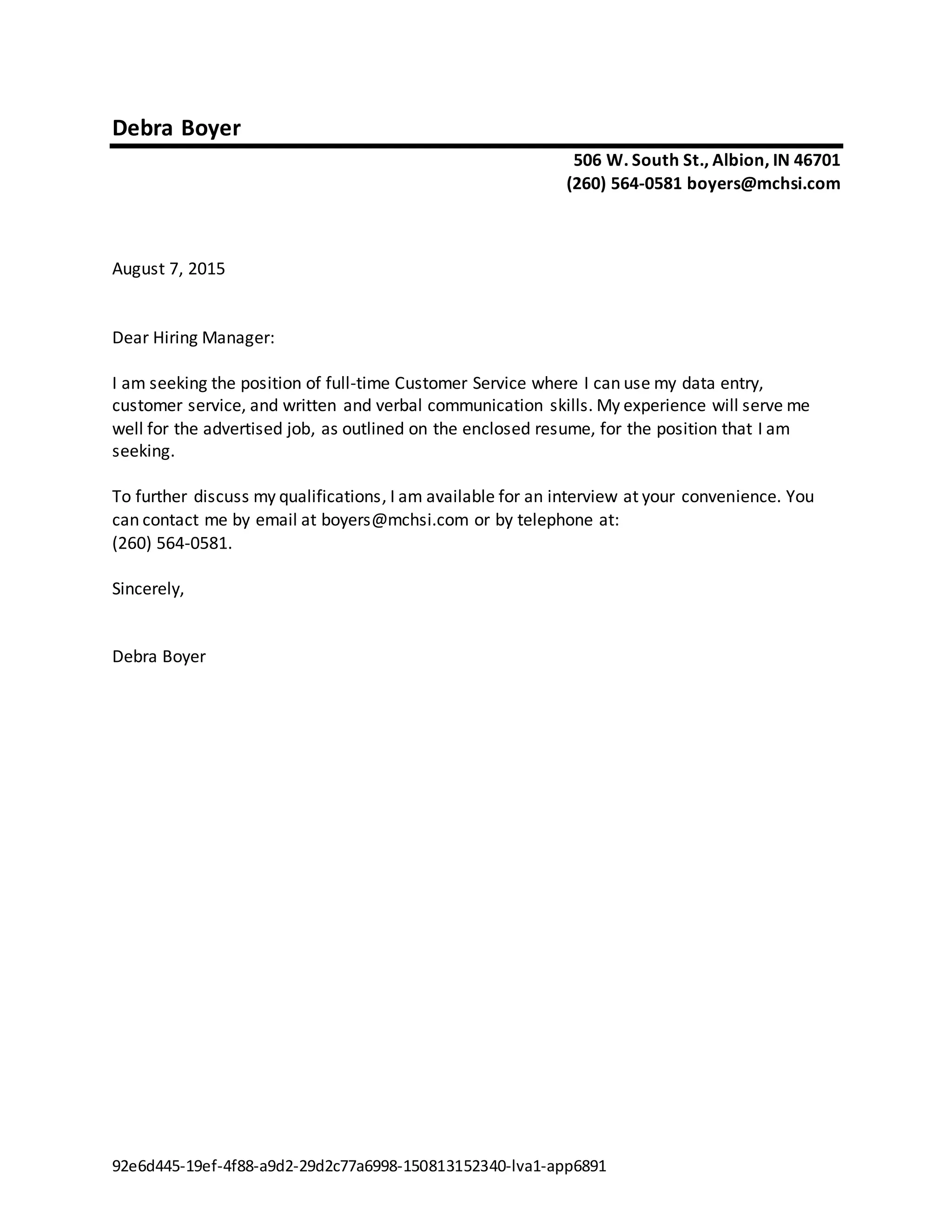 Debra Boyer Cover Letter | DOCX