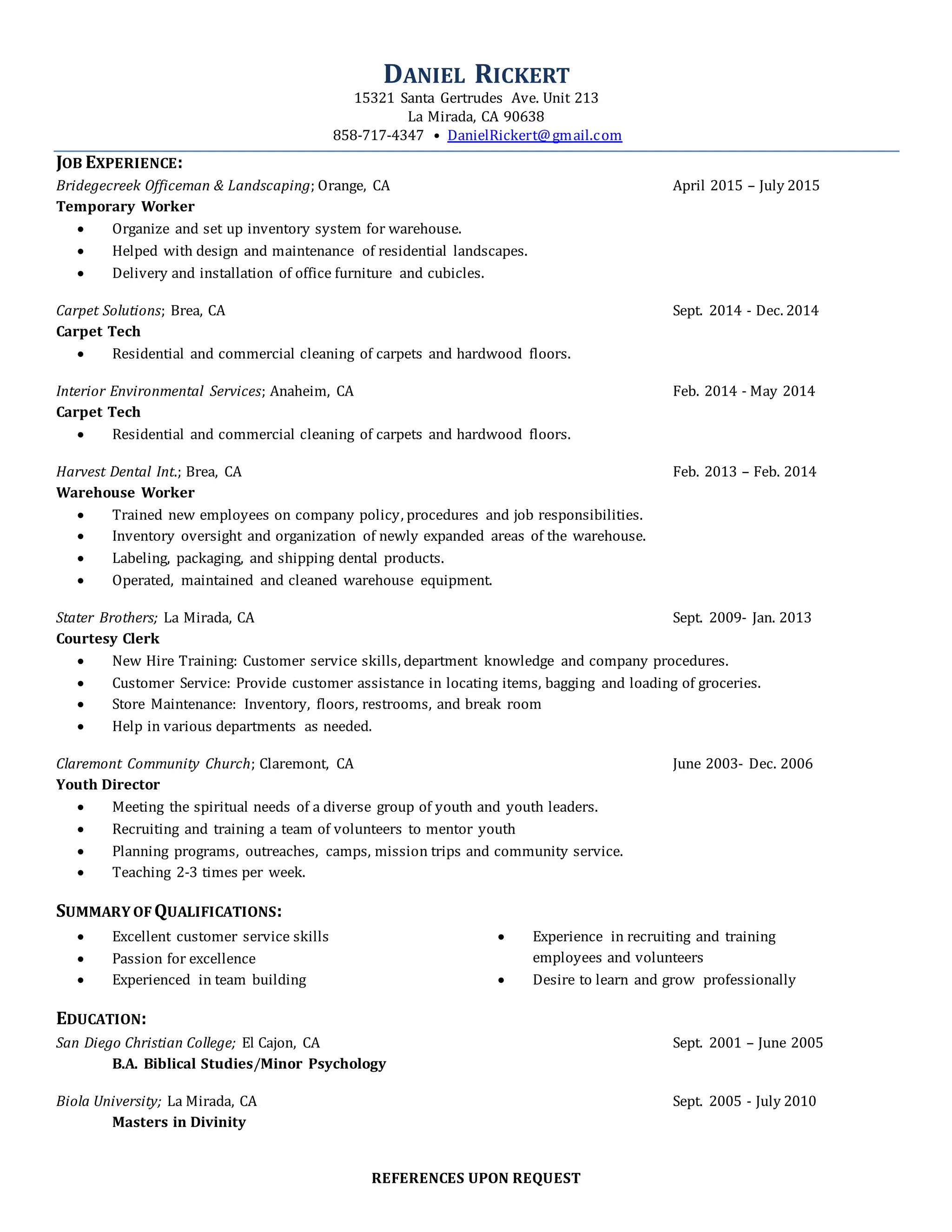 Daniel Rickert Resume | DOCX | Logistics | Business