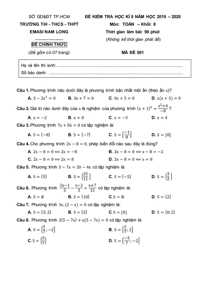Đề Thi HK2 Toán 8 - THCS EMASI Nam Long | PDF