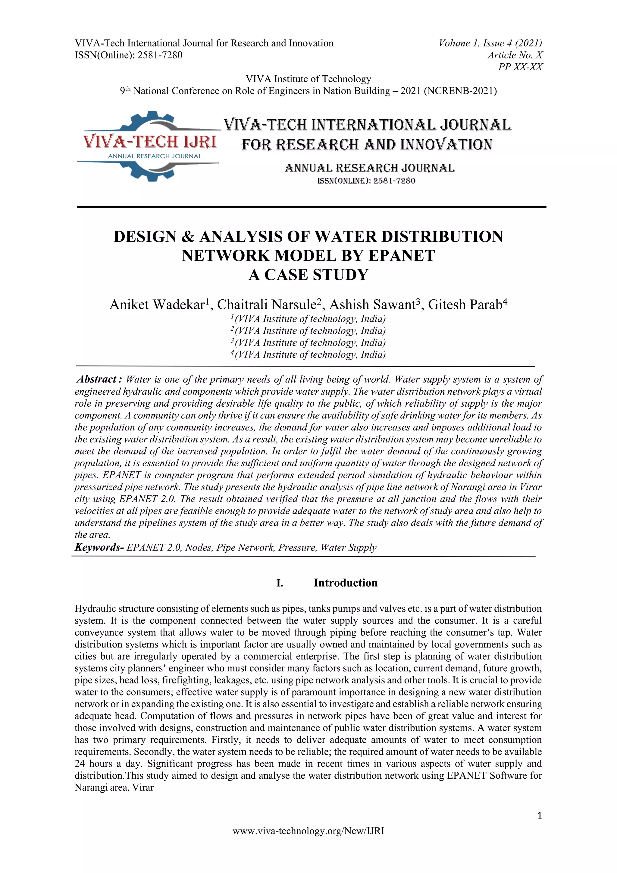 DESIGN & ANALYSIS OF WATER DISTRIBUTION NETWORK MODEL BY EPANET A CASE STUDY | PDF