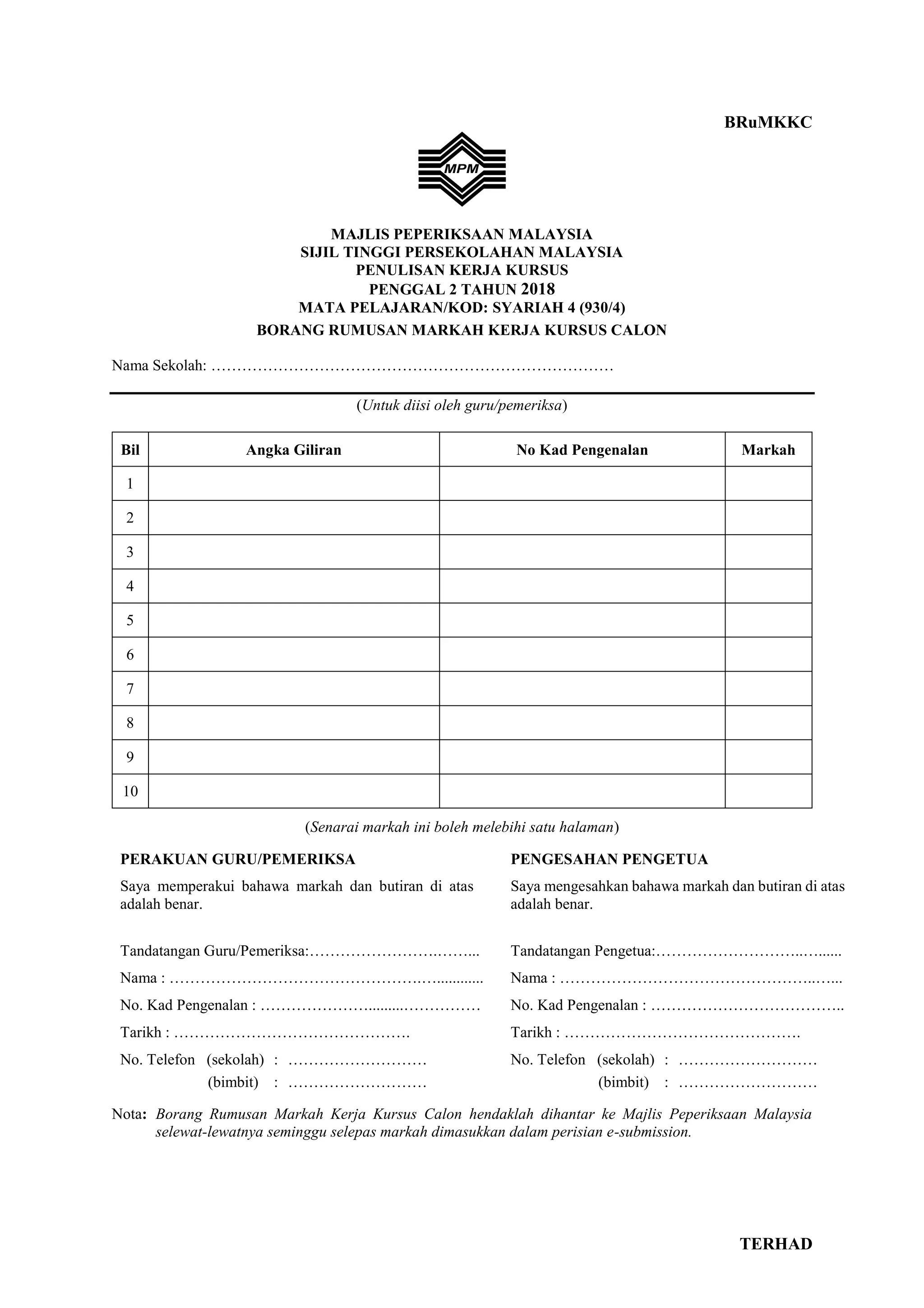 9304 borang kerja kursus syariah 2018 | PDF