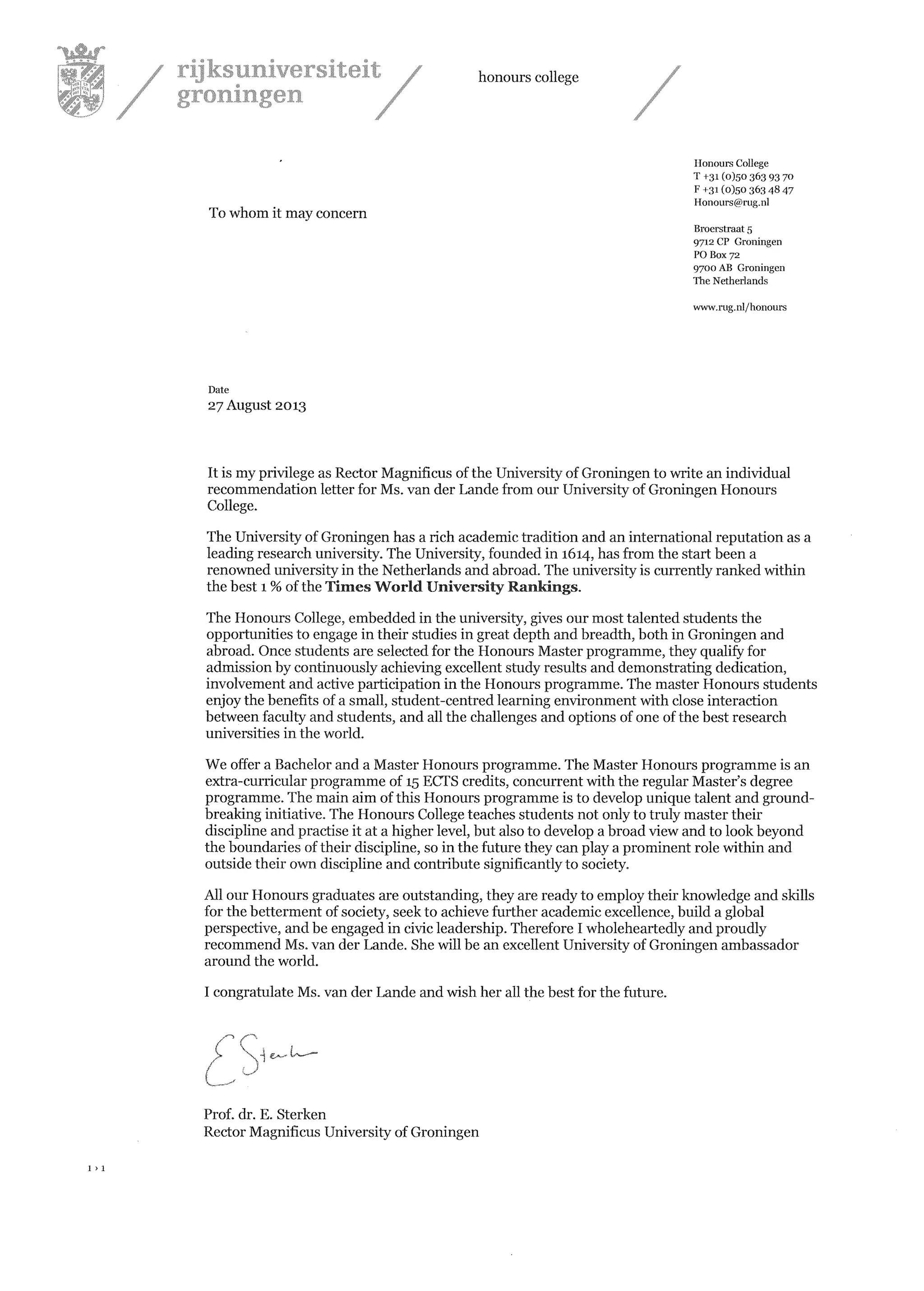 Recommendation Letter from Rector Magnificus University of Groningen ...