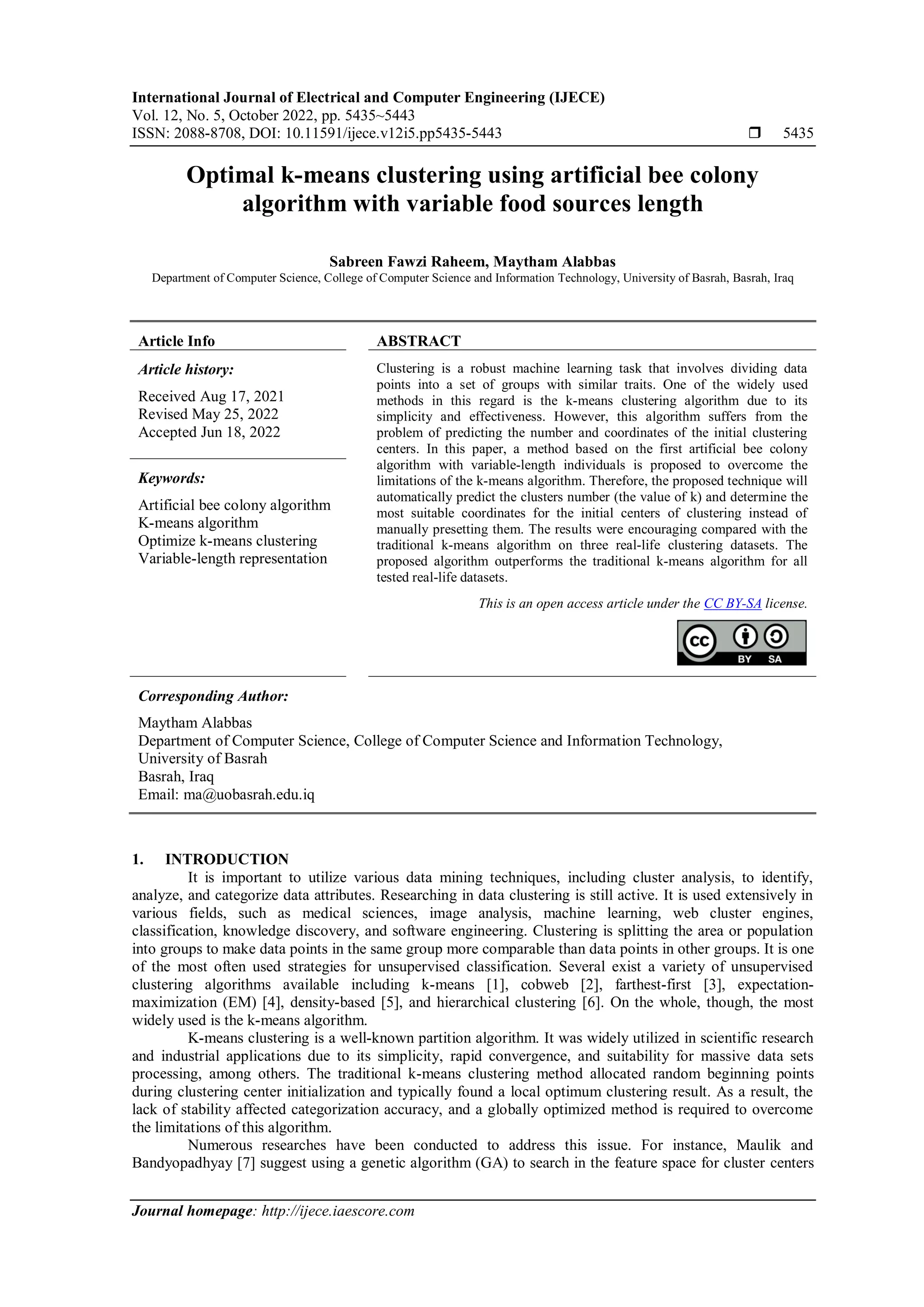 Optimal k-means clustering using artificial bee colony algorithm with variable food sources ...