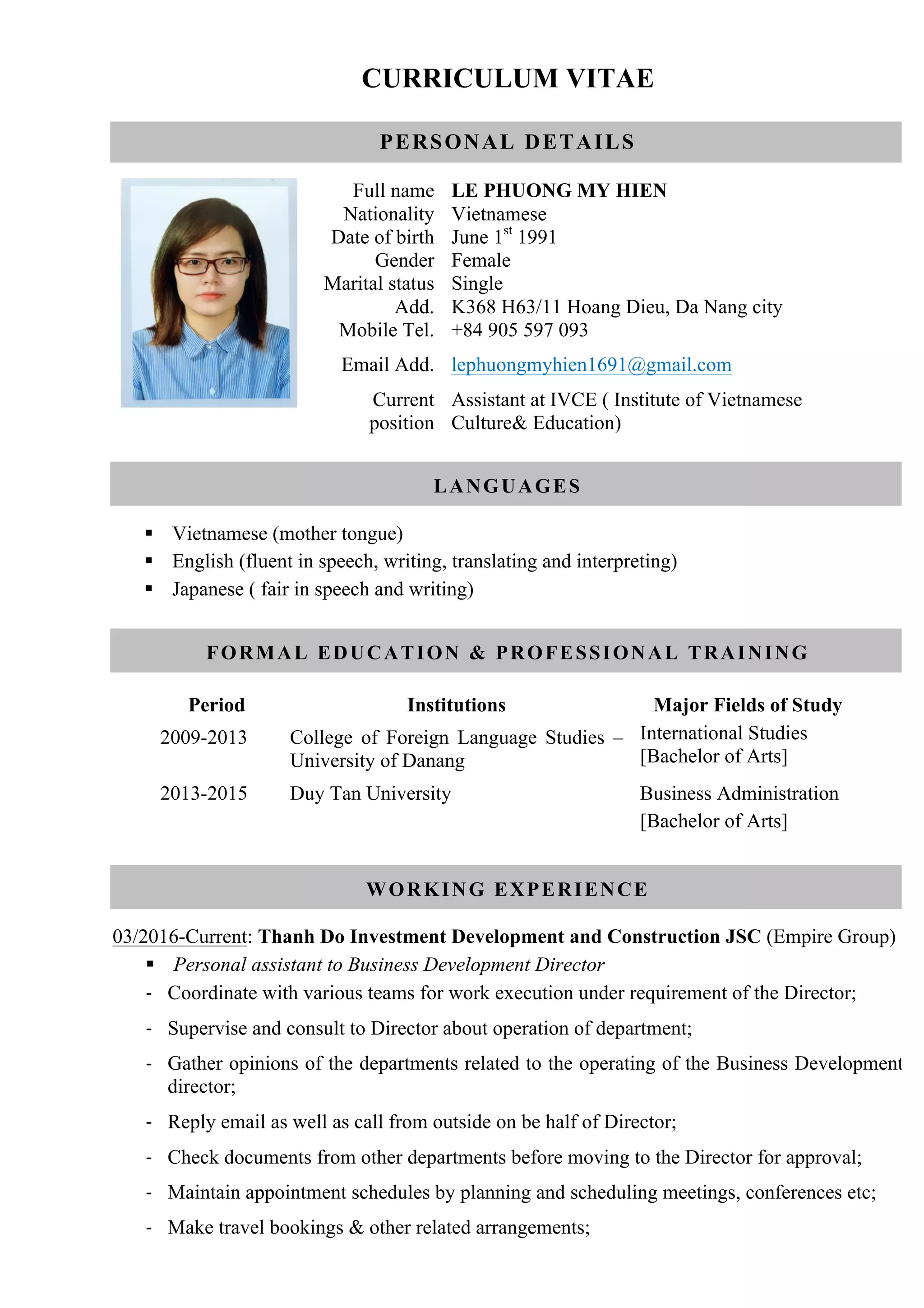 LEPHUONGMYHIEN_CURRICULUM VITAE | PDF