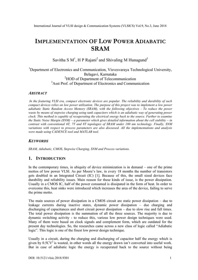 IMPLEMENTATION OF LOW POWER ADIABATIC SRAM | PDF