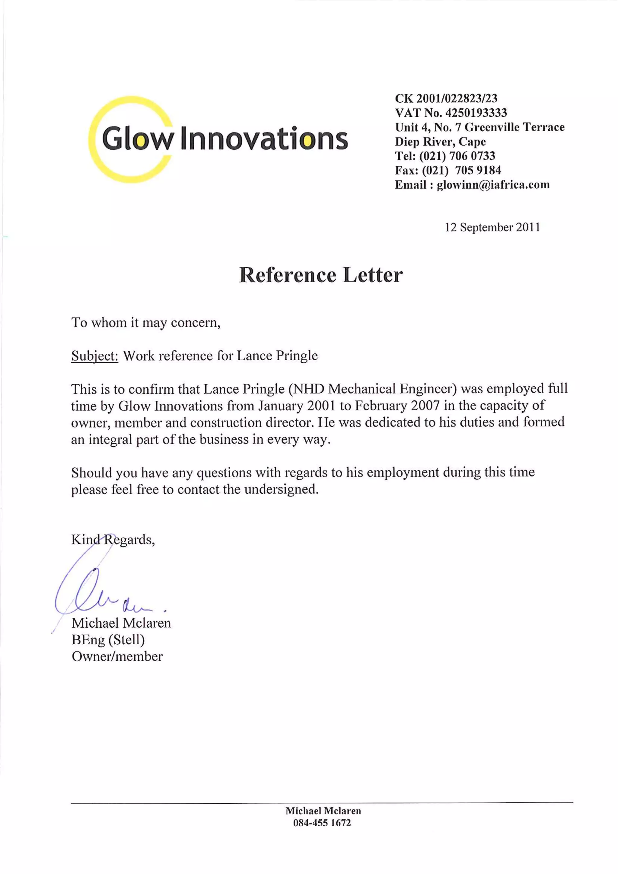 Glow Innovations reference letter | PDF