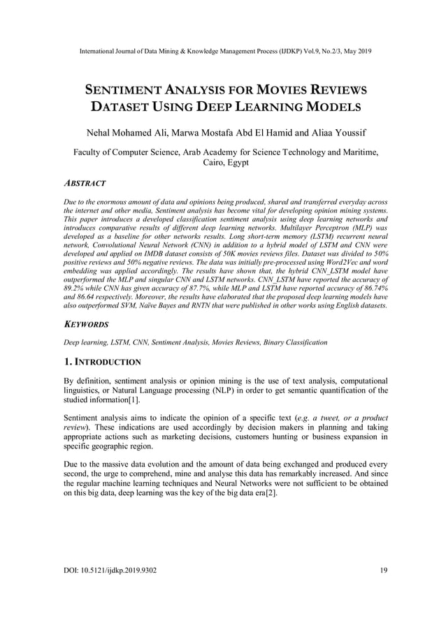 SENTIMENT ANALYSIS FOR MOVIES REVIEWS DATASET USING DEEP LEARNING ...
