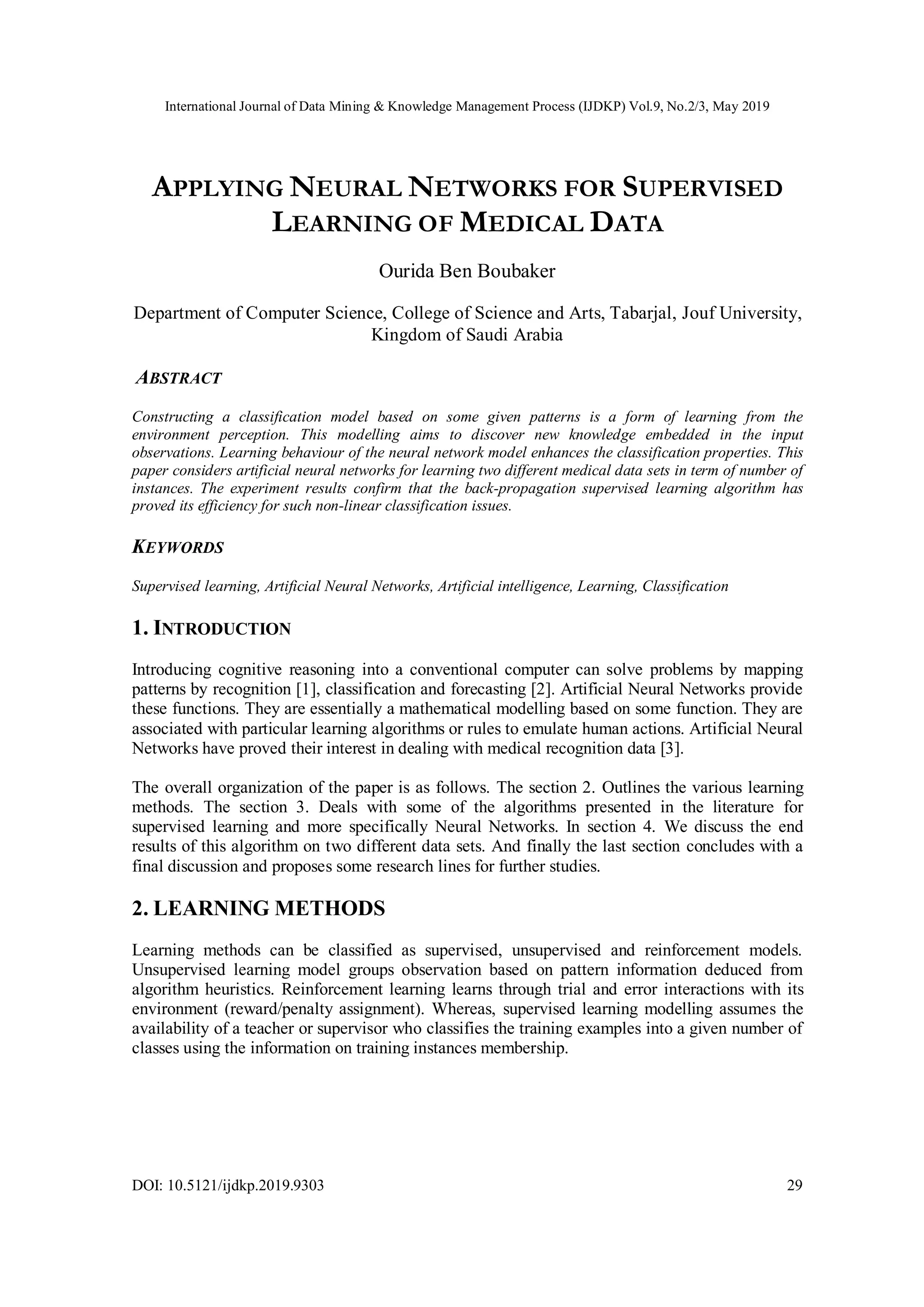 Applying Neural Networks for Supervised Learning of Medical Data | PDF