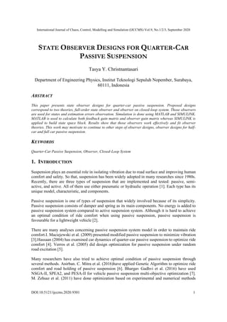 STATE OBSERVER DESIGNS FOR QUARTER-CAR PASSIVE SUSPENSION | PDF