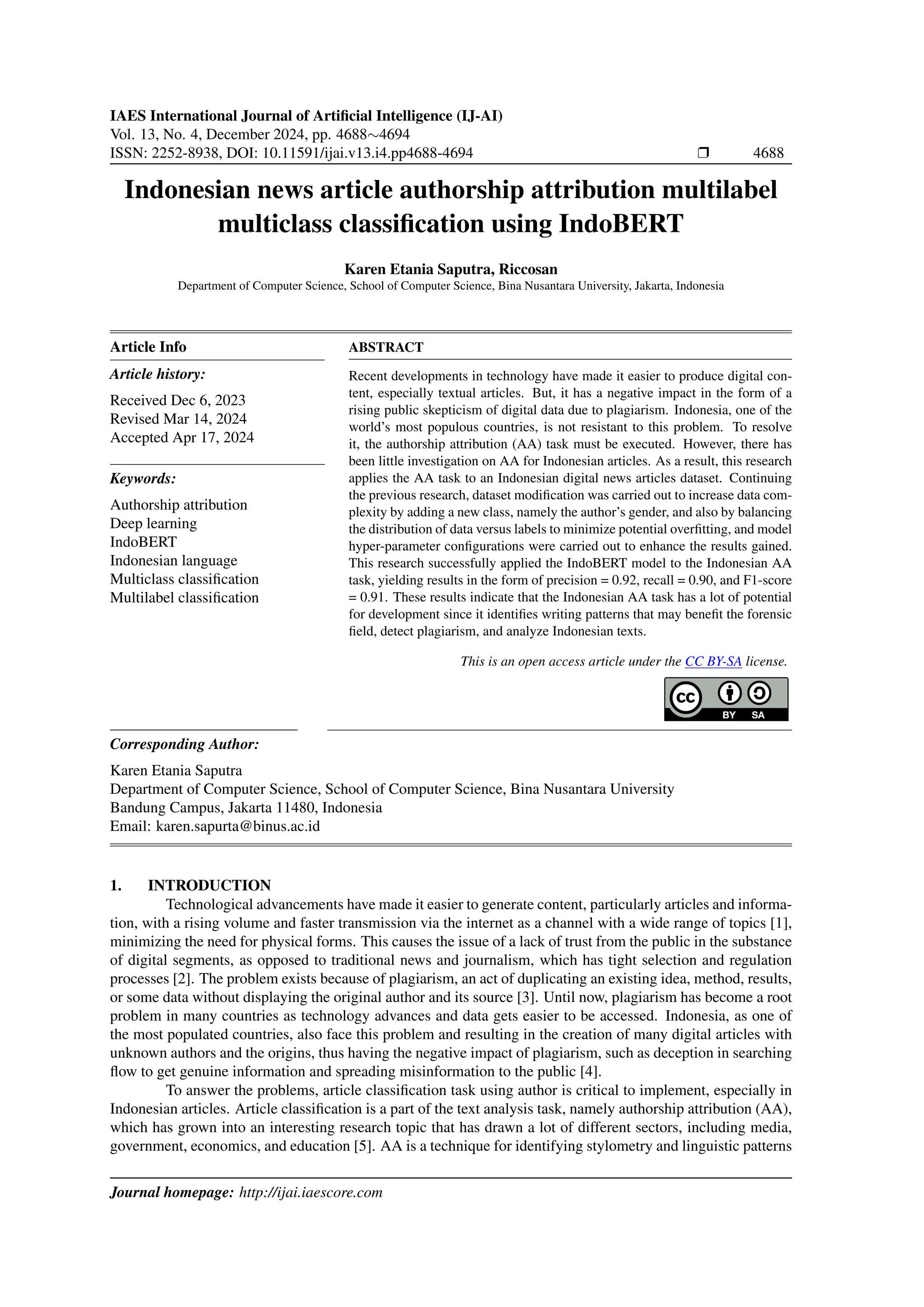 Indonesian news article authorship attribution multilabel multiclass ...