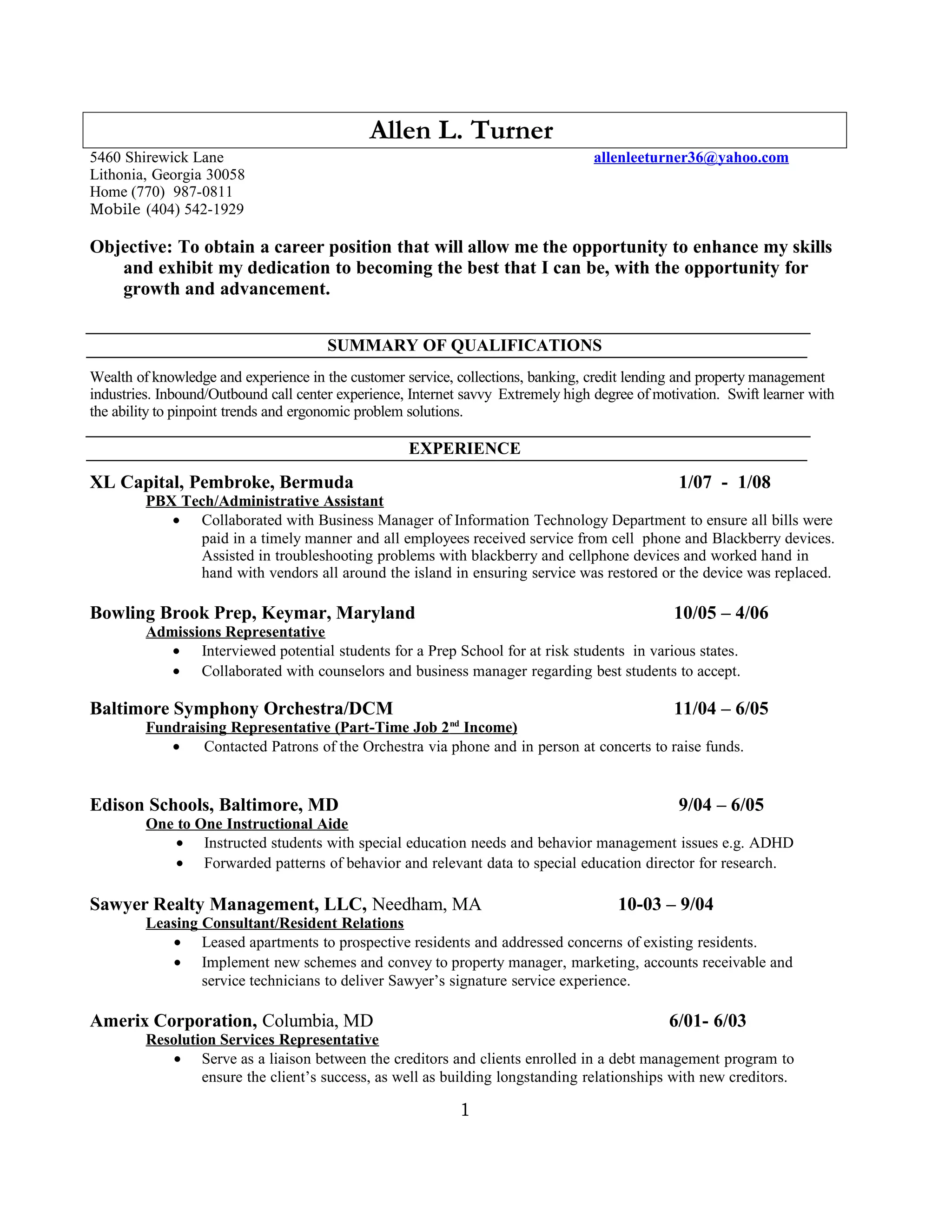 Allen's Resume | DOC | Business | Business and Finance