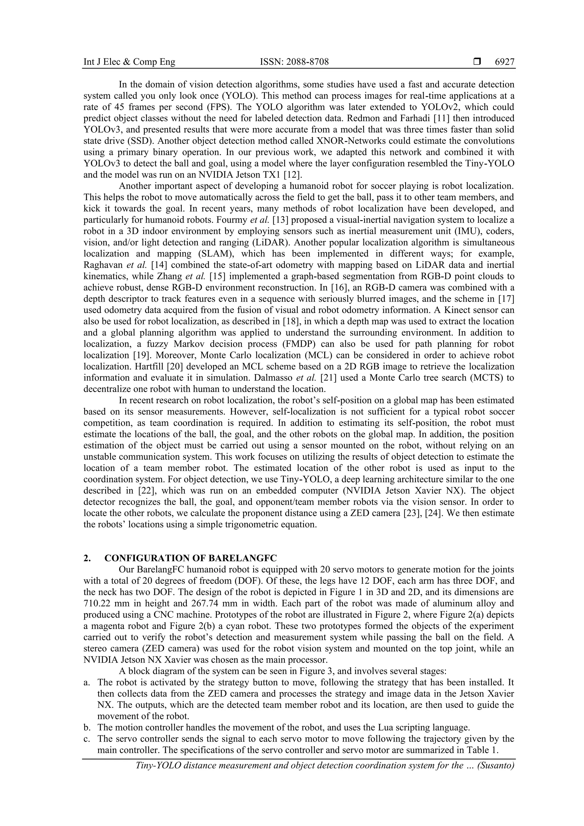 Tiny Yolo Distance Measurement And Object Detection Coordination System For The Barelangfc Robot