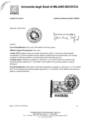 PAOLO RADOVIX - BSc BICOCCA - Official academic transcript | PDF