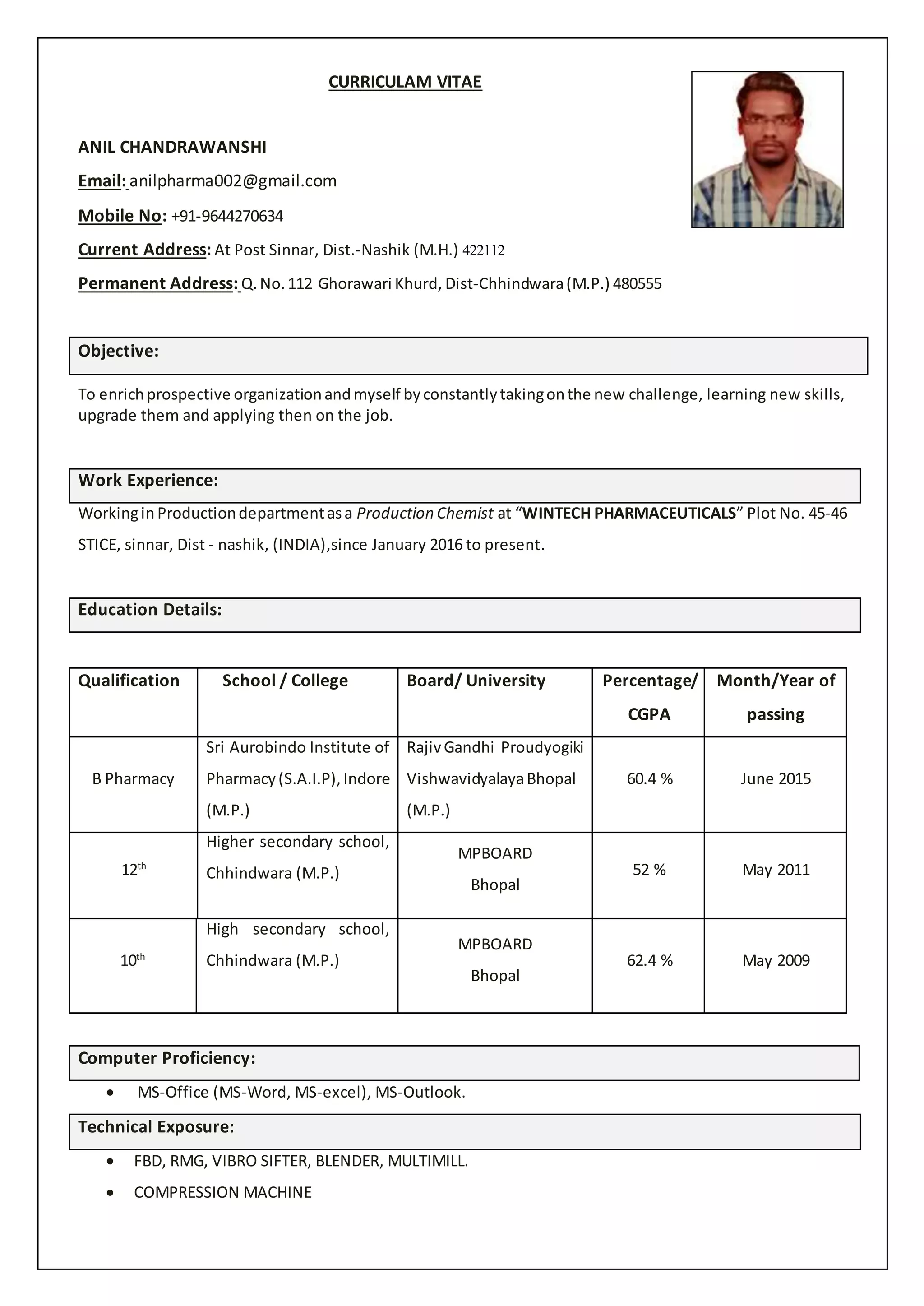 Anil Chandrawanshi CV-2017 | DOCX