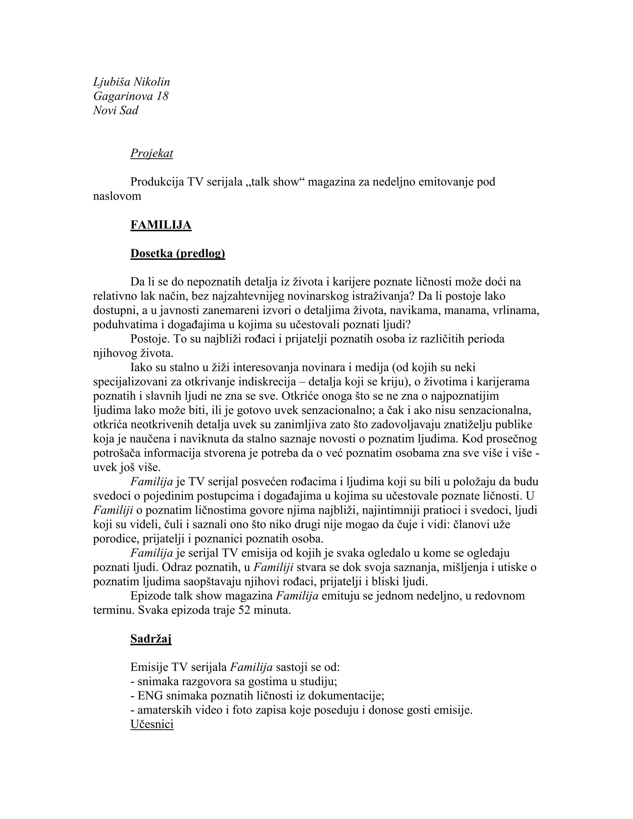 TV projekat Familija (talk show) | PDF