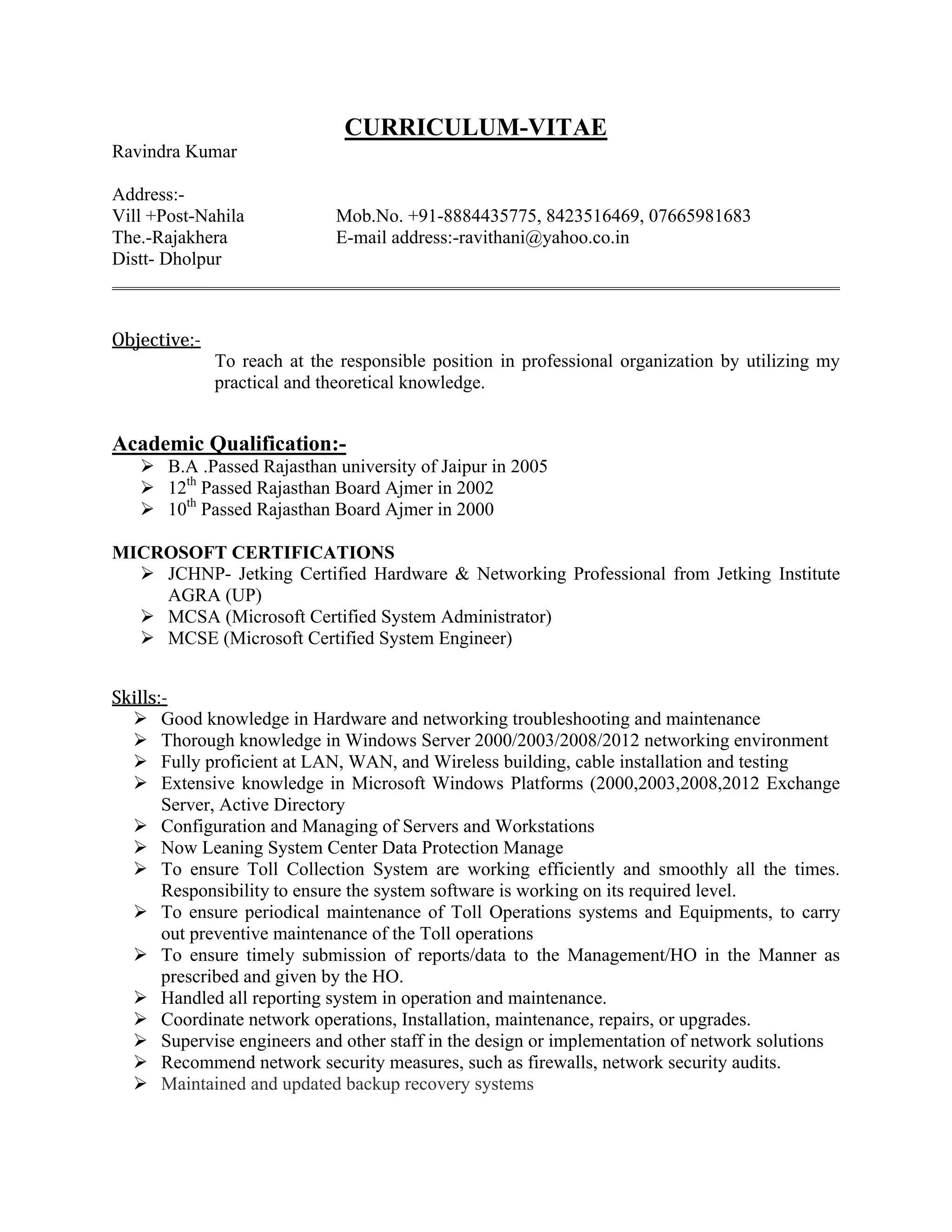 Ravindra Resume | PDF | IT and Internet Support | Internet