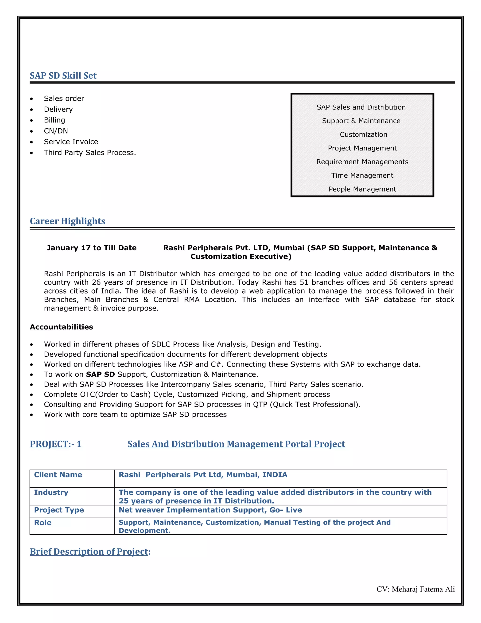 Meharaj Fatema Ali-- 2+ yrs of Exp. in SAP SD_Rashi | PDF