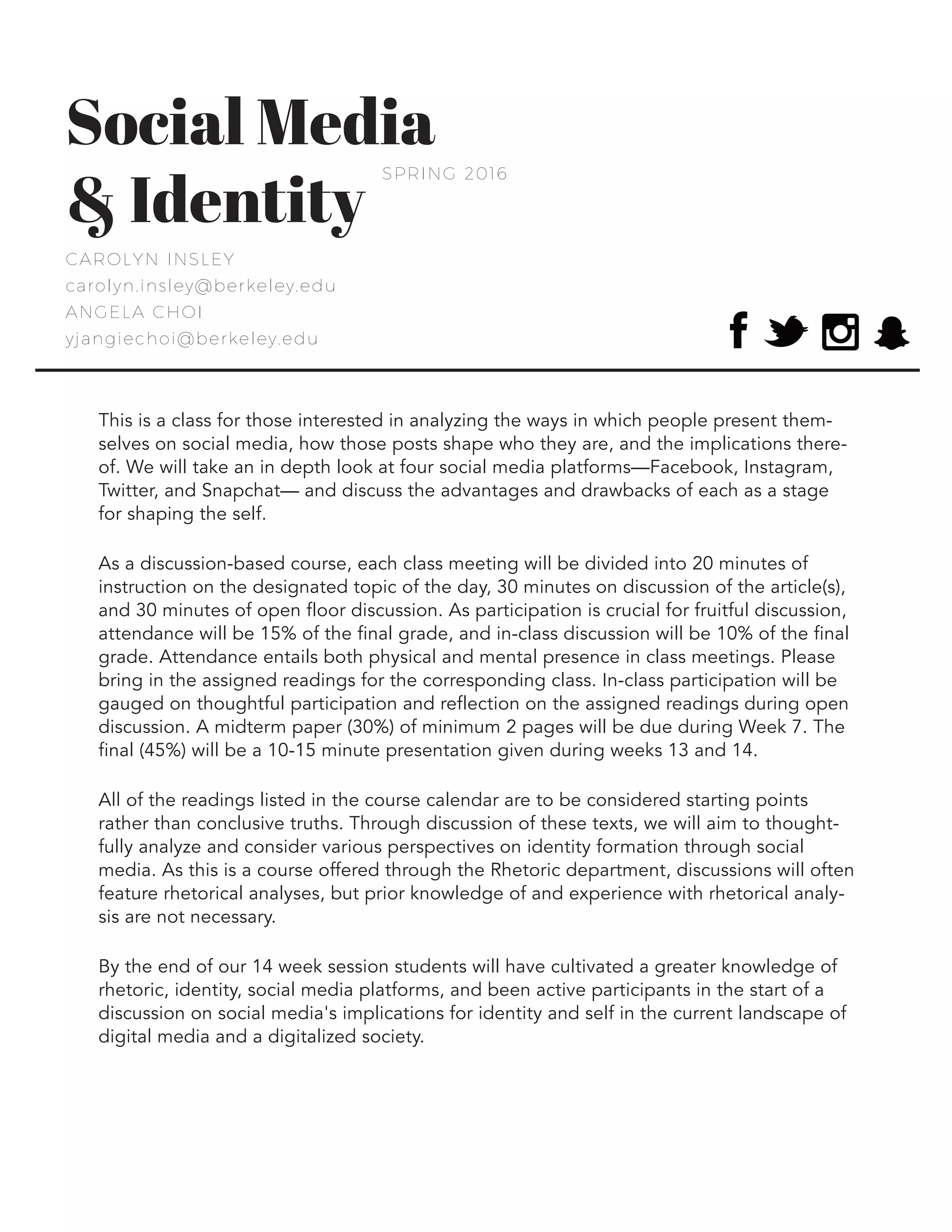 Social Media and Identity Syllabus Course Overview | PDF