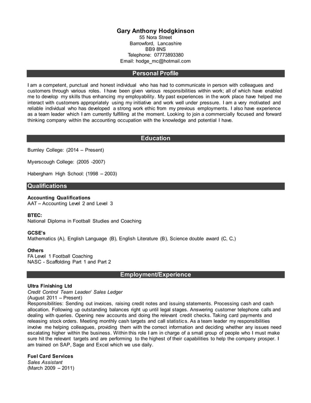 Garys CV | DOCX | Business | Business and Finance