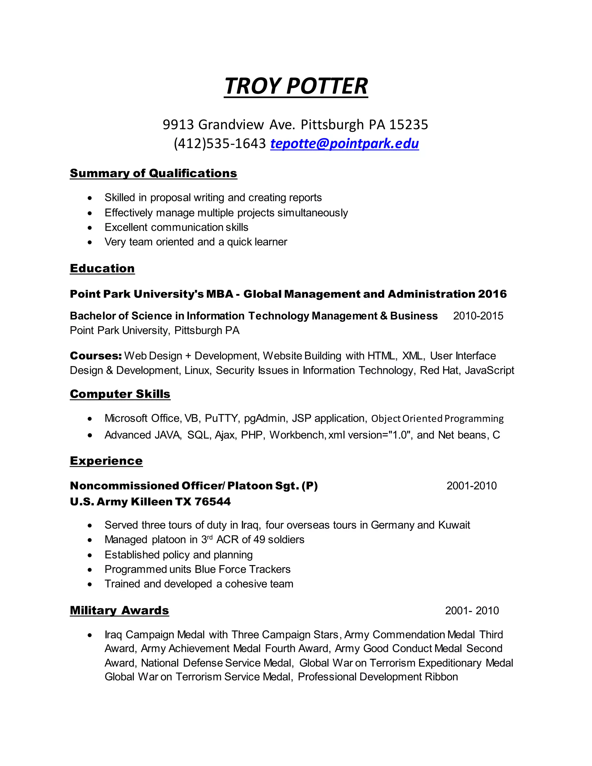 Potter, Troy, BS Info Tech Mgmt | DOCX | Computing | Technology & Computing