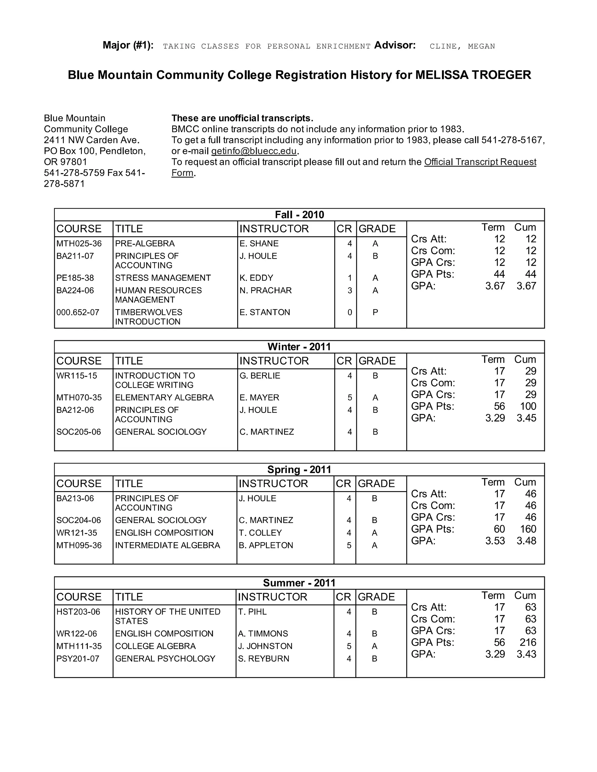 BMCC Unofficial Transcripts (1) | PDF