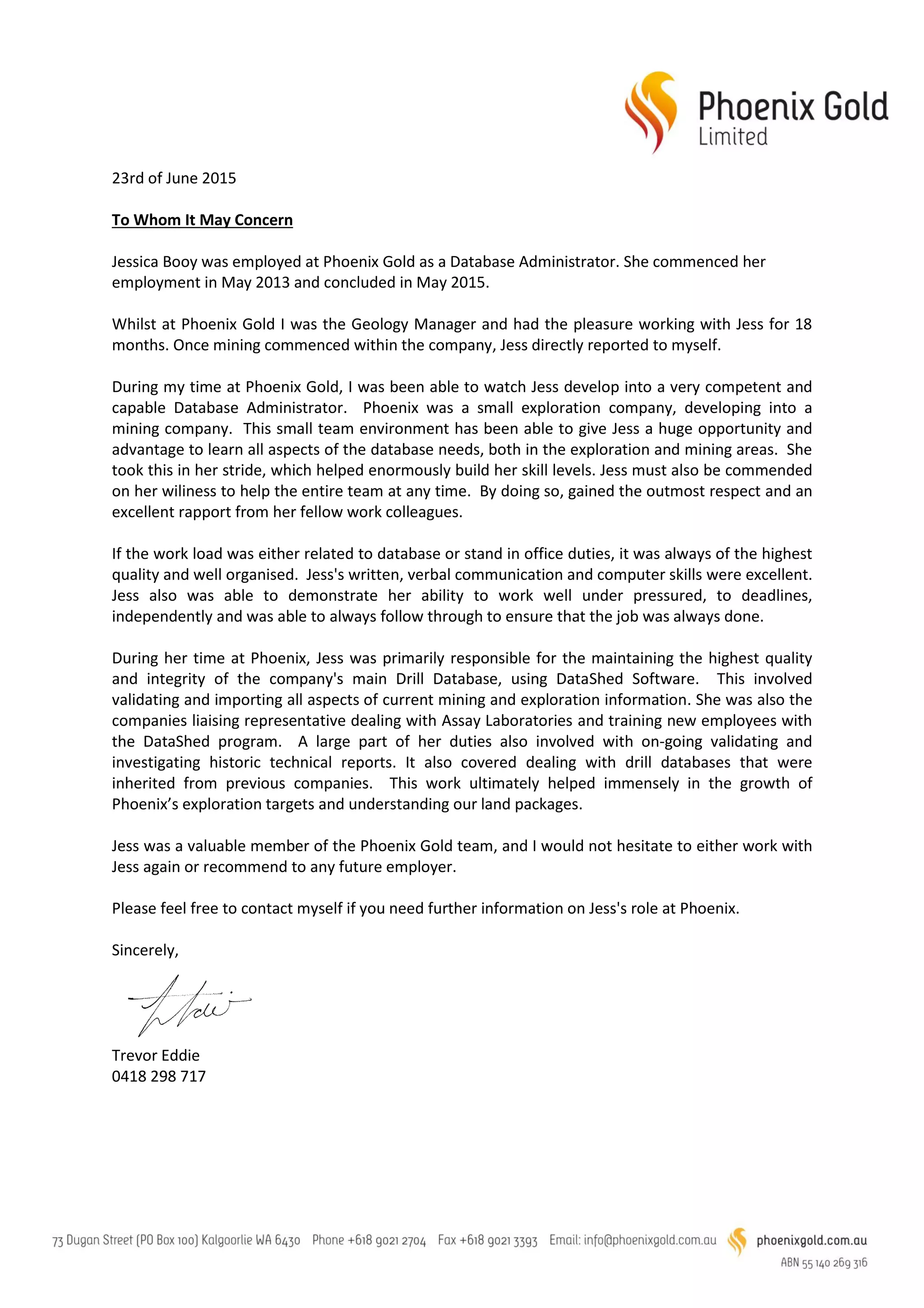 Jess Booy - Letter of Reference | PDF