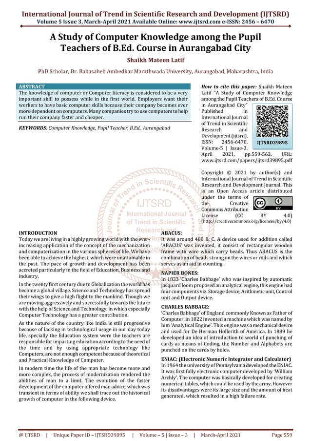 A Study of Computer Knowledge among the Pupil Teachers of B.Ed. Course in Aurangabad City | PDF ...