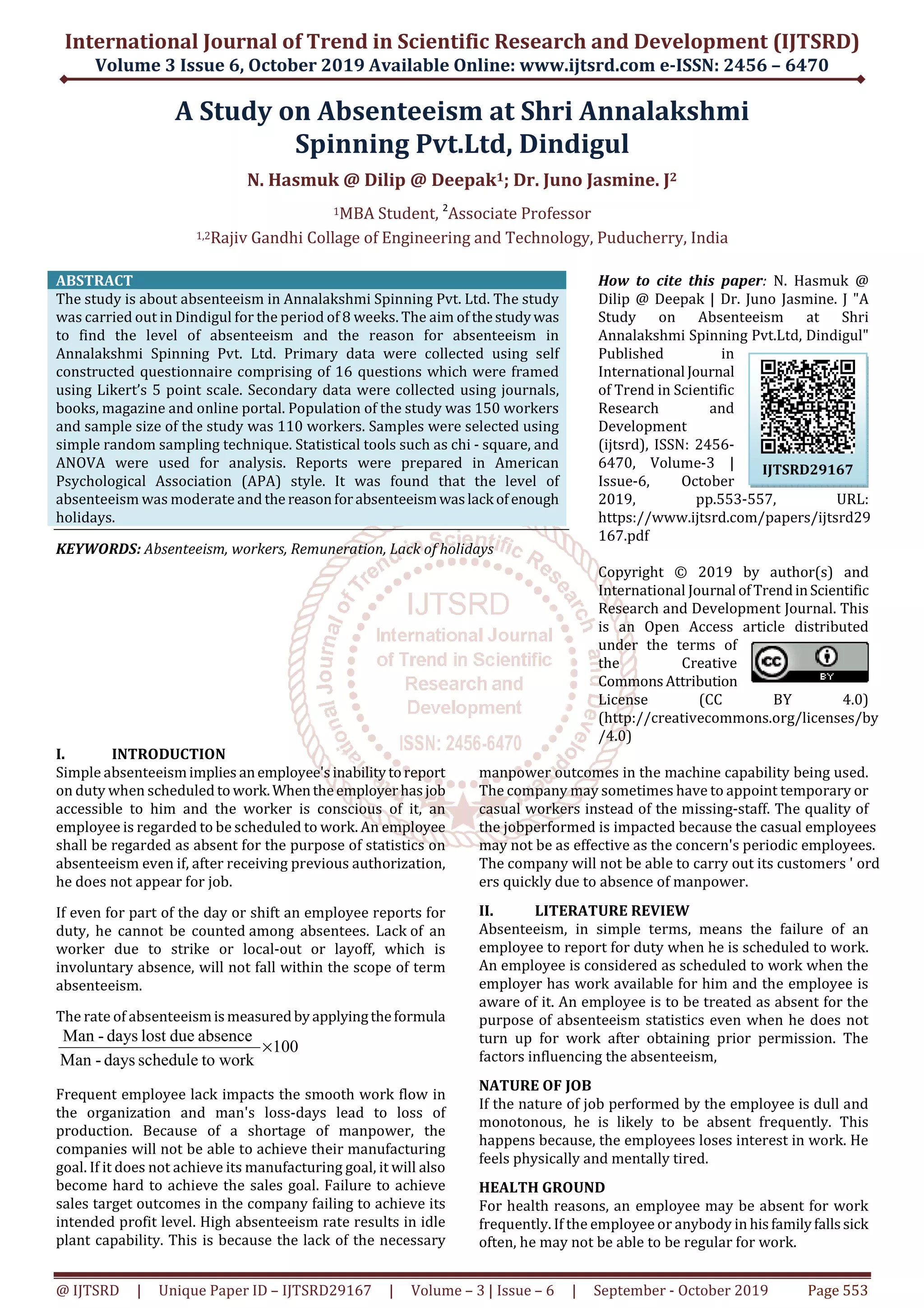 A Study on Absenteeism at Shri Annalakshmi Spinning Pvt.Ltd, Dindigul | PDF