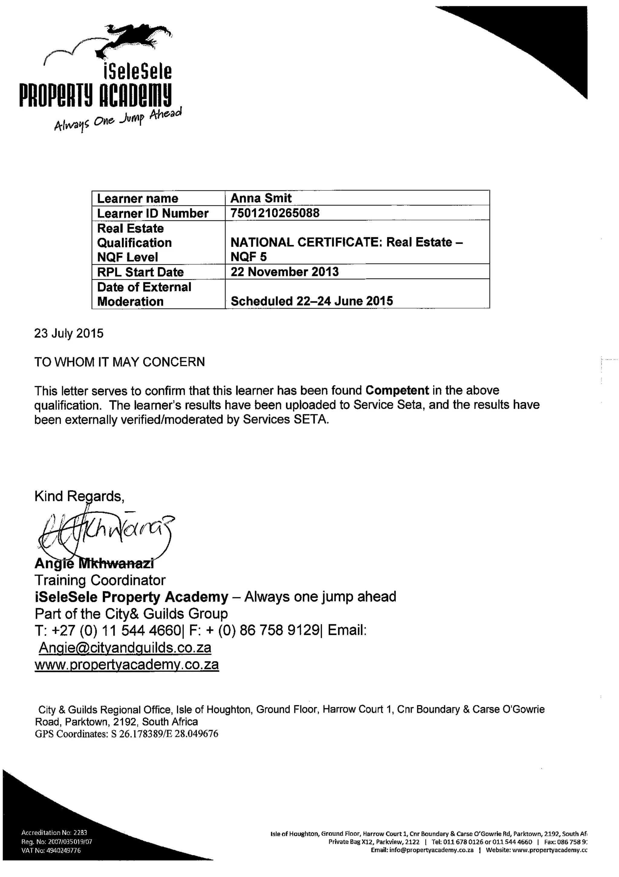 Anna Smit Competence NQF5 Certificate | PDF