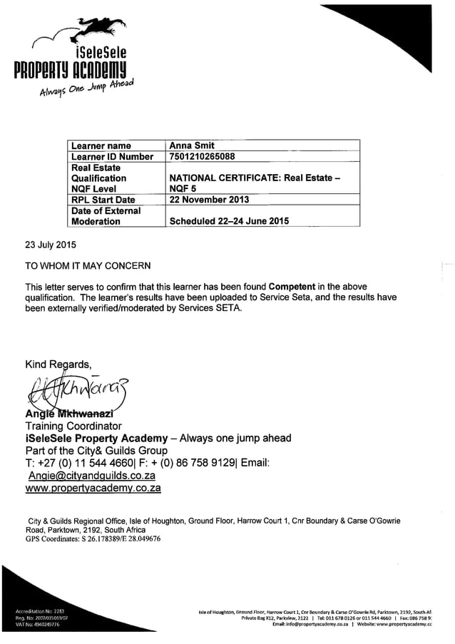 Anna Smit Competence NQF5 Certificate | PDF